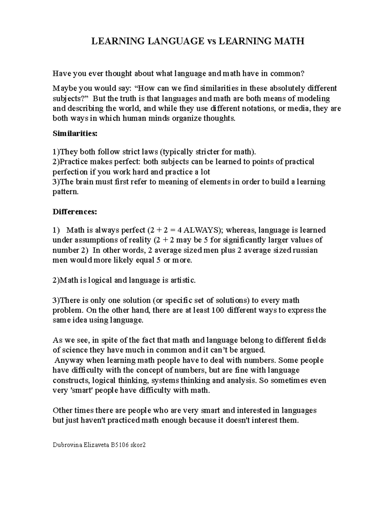 Learning math vs learning language - LEARNING LANGUAGE vs LEARNING MATH ...