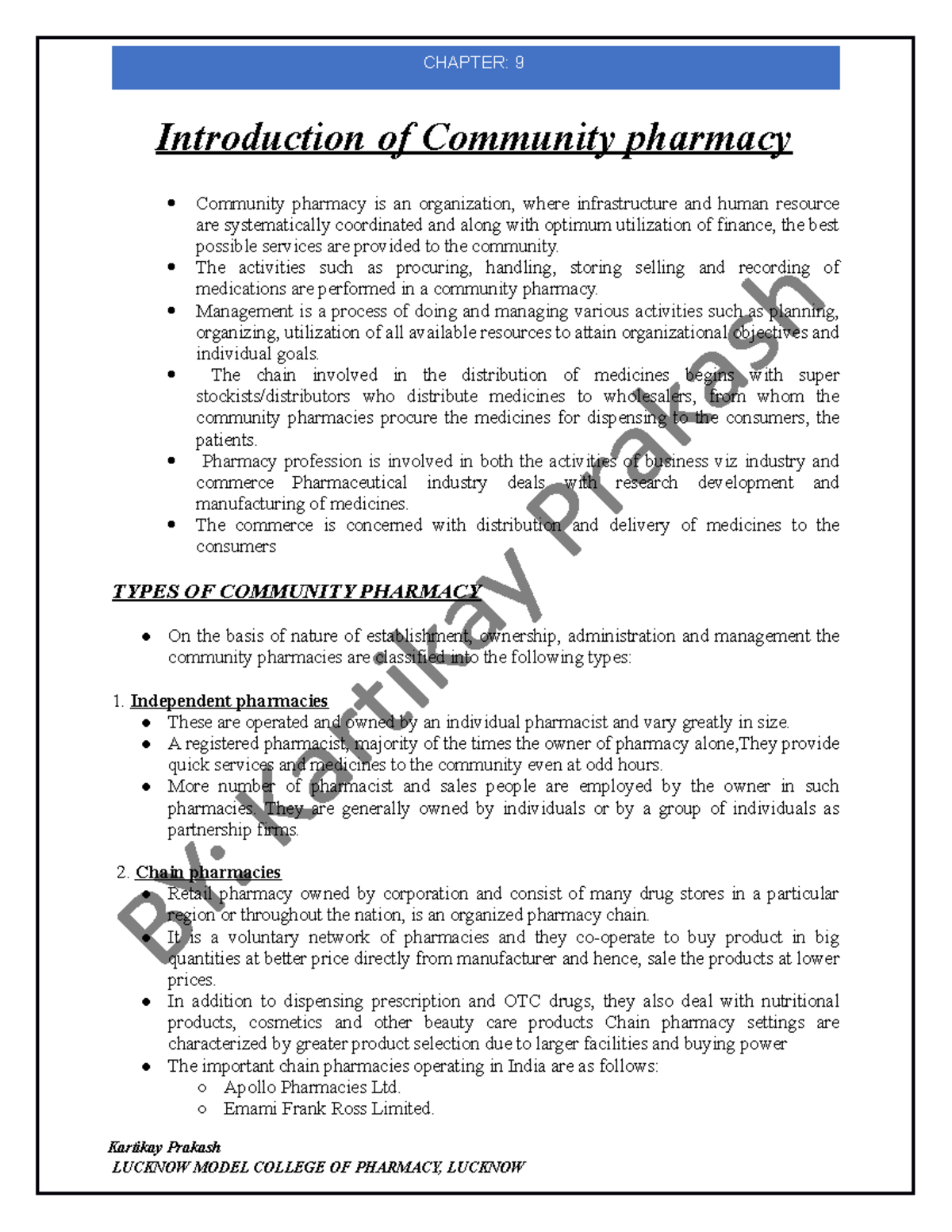 Introduction of Community pharmacy - The activities such as procuring ...