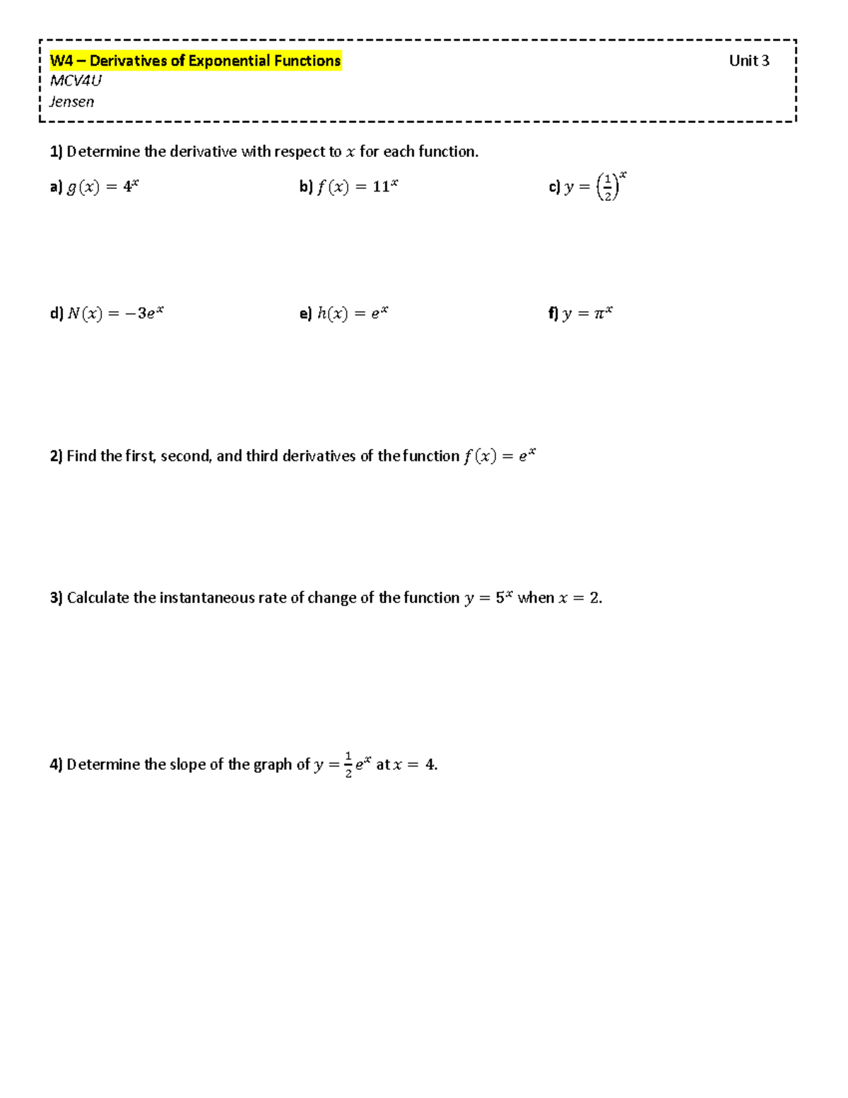 Hw4s+-+derivatives+of+exponential+functions - W 4 – Derivatives of ...