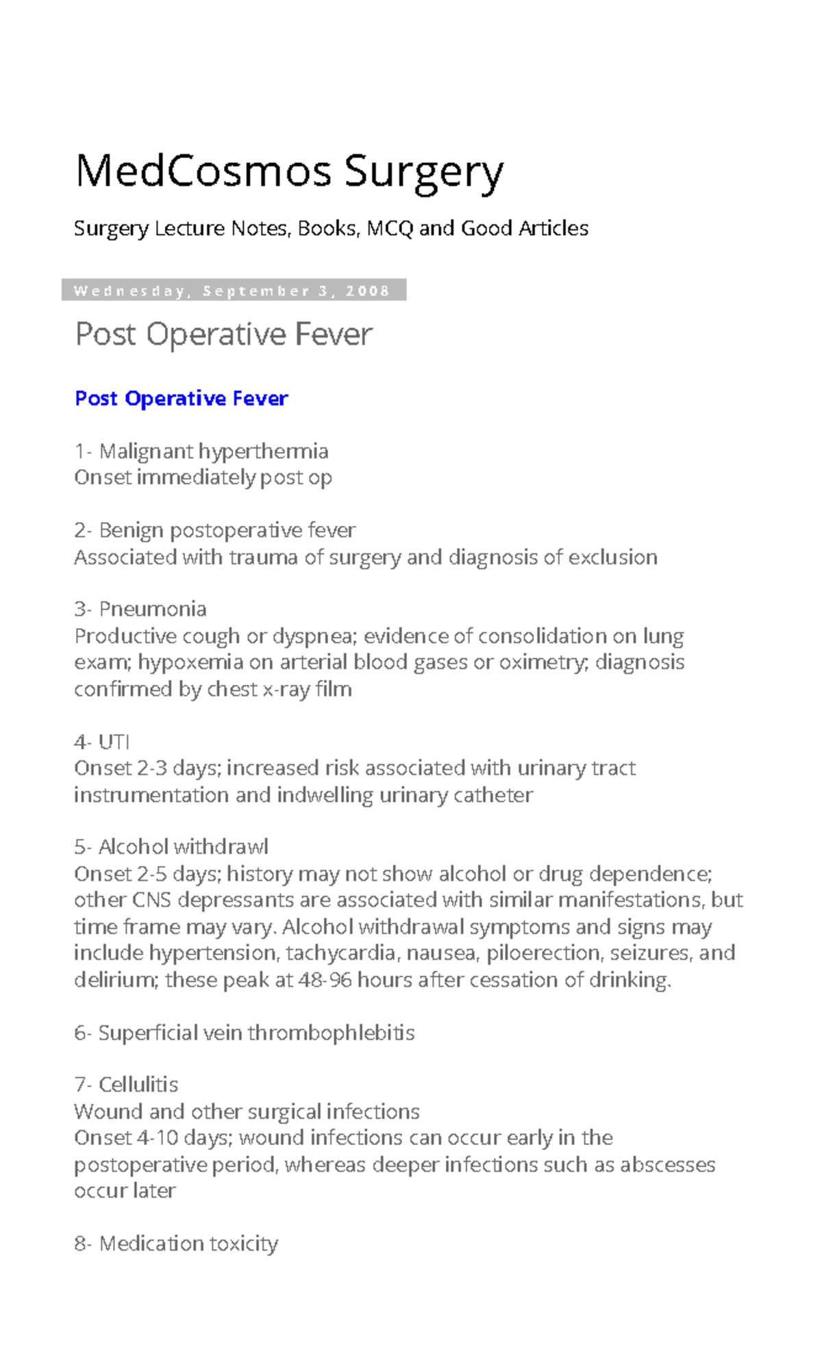 Post-Operative Fever MCQ - Surgery Lecture Notes, Books, MCQ and Good ...