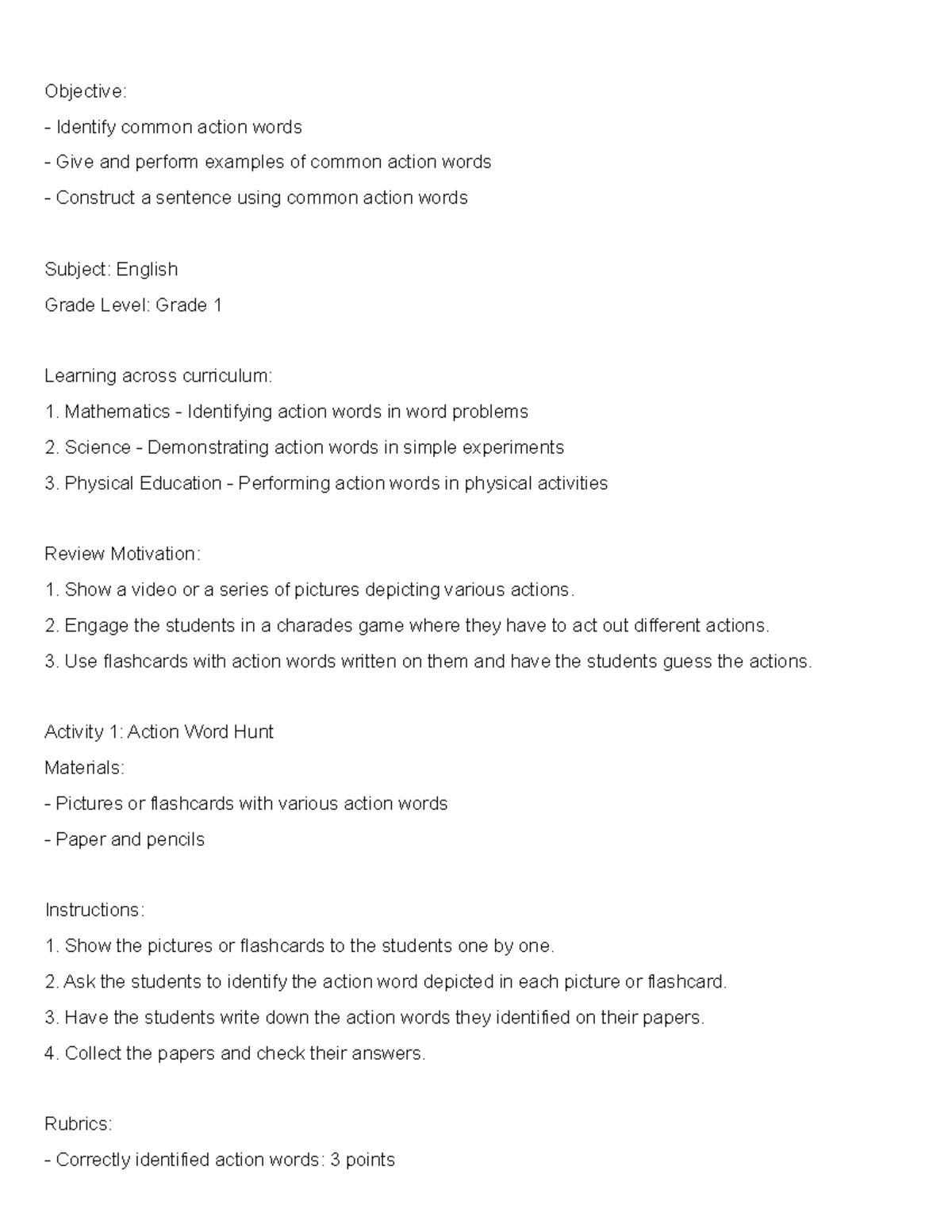 Common Action Words - lesson plan - Objective: Identify common action ...