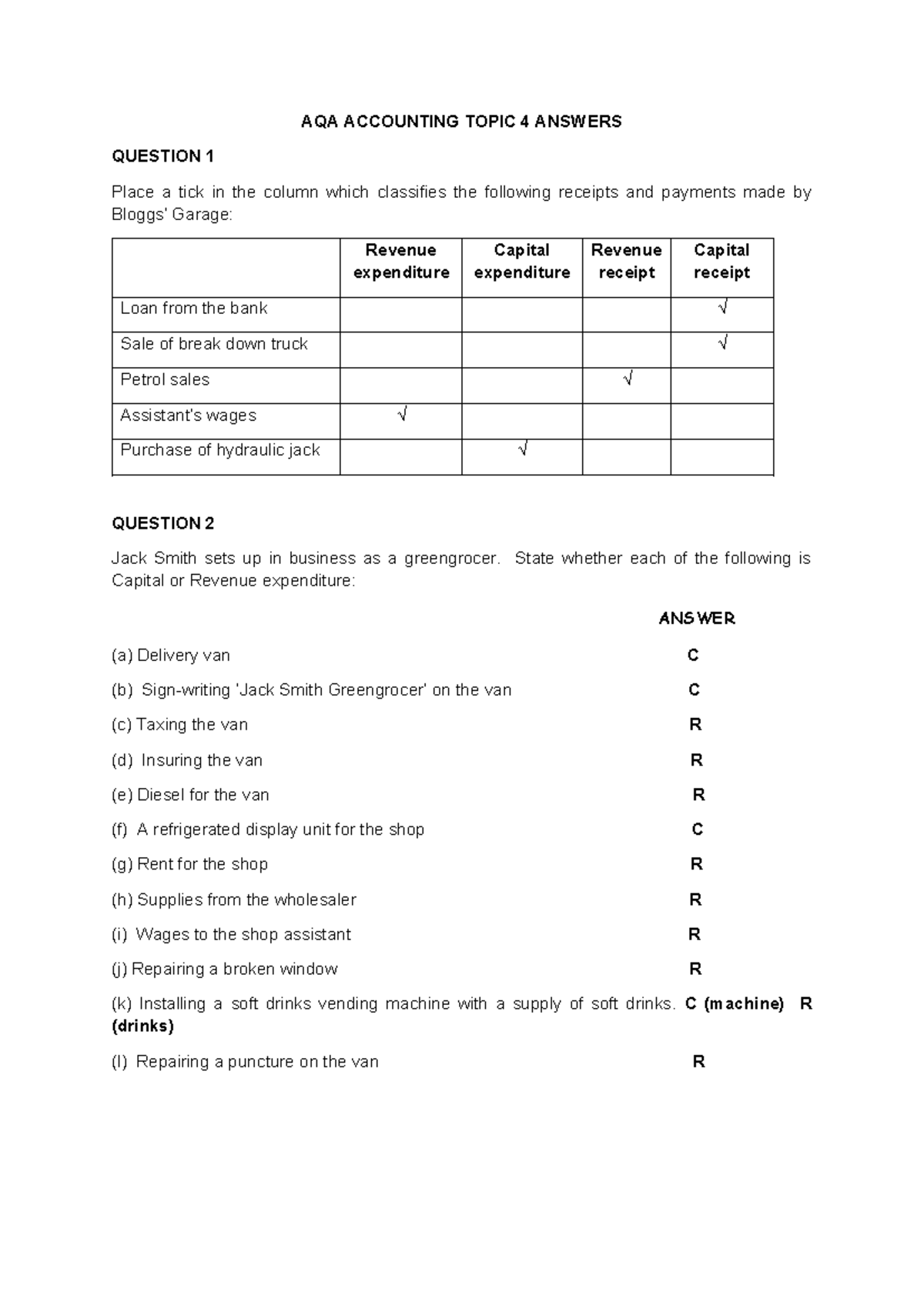 Topic 4 Answers - AQA ACCOUNTING TOPIC 4 ANSWERS QUESTION 1 Place a ...