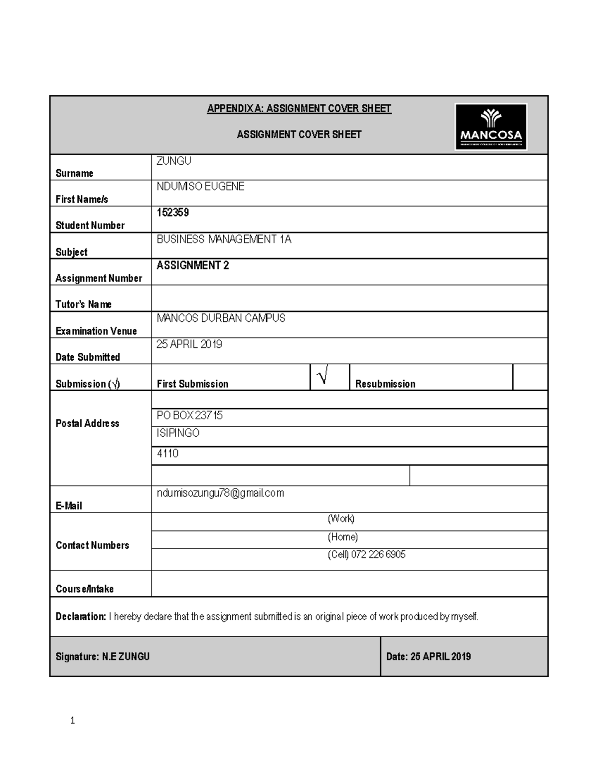 Business Management 1A Assignment 2 - APPENDIX A: ASSIGNMENT COVER ...