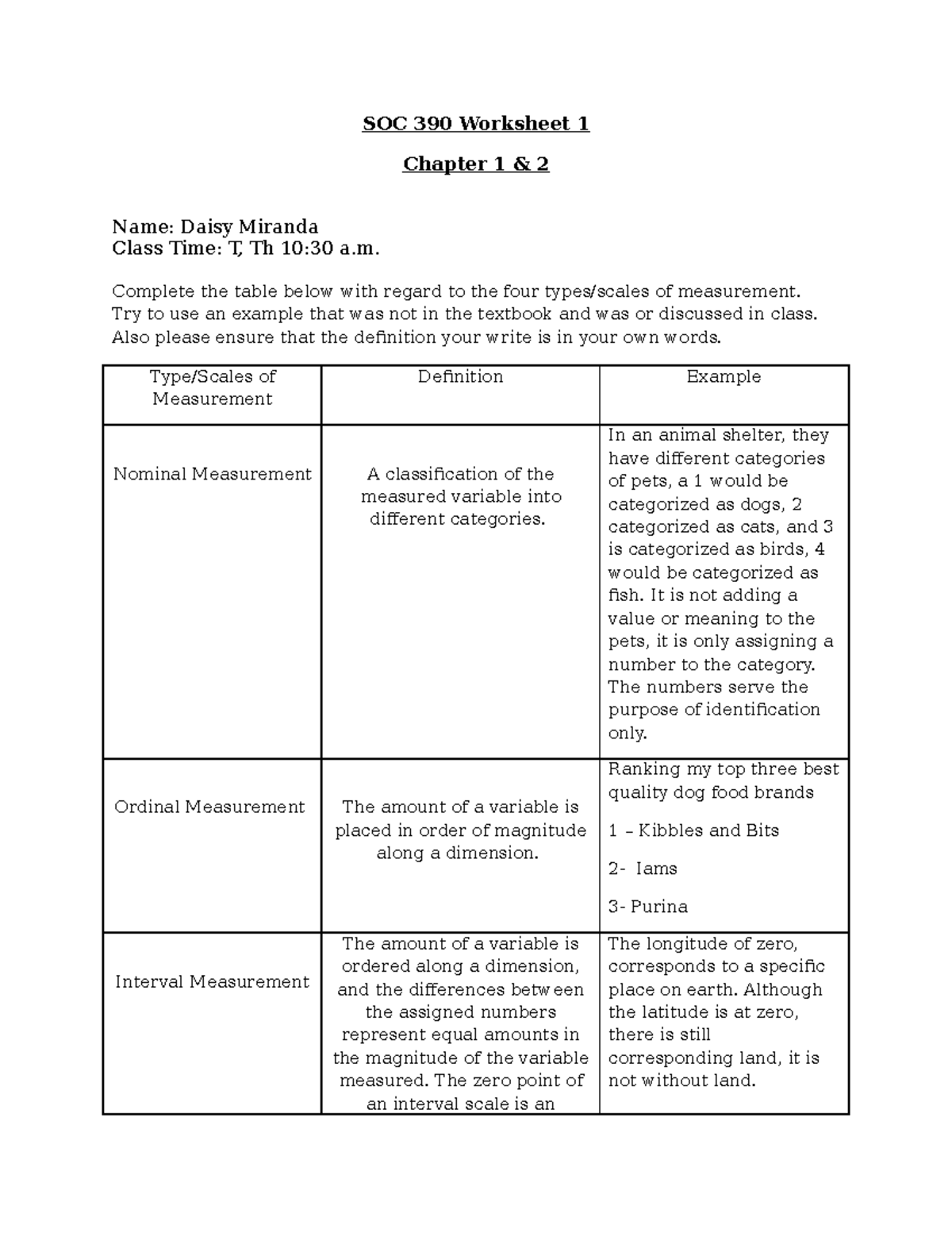 Chapter 1 and 2 - SOC 390 Worksheet 1 Chapter 1 2 Name: Daisy Miranda ...