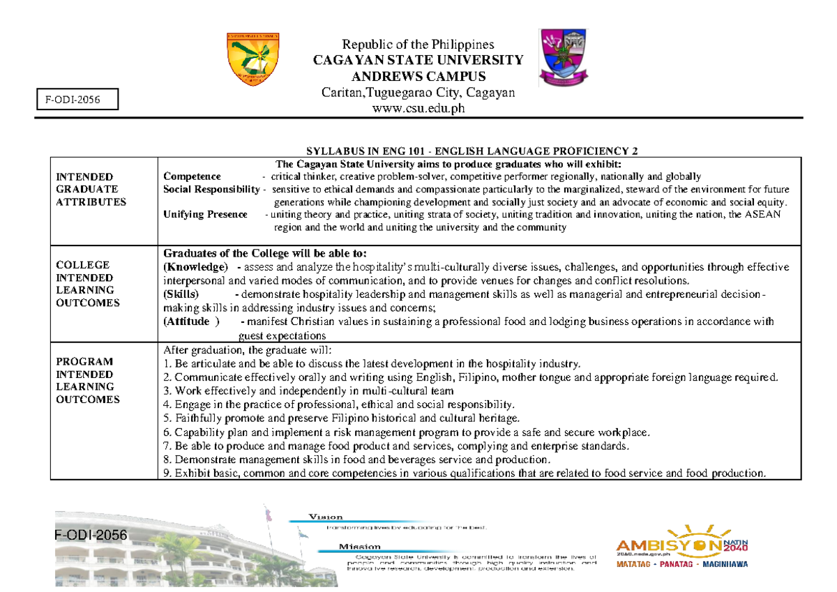 ELP2-Syllabus - Syllabus of english - CAGAYAN STATE UNIVERSITY ANDREWS ...