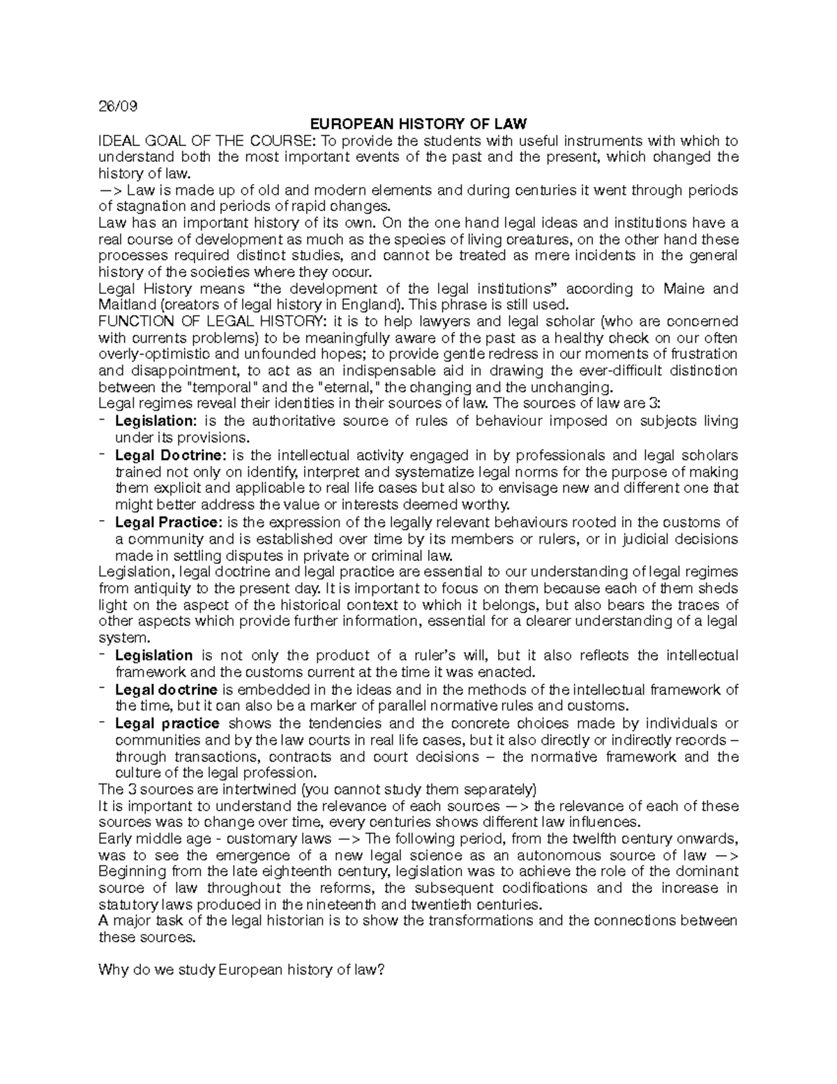 #1 European History of Law - 26/ EUROPEAN HISTORY OF LAW IDEAL GOAL OF ...