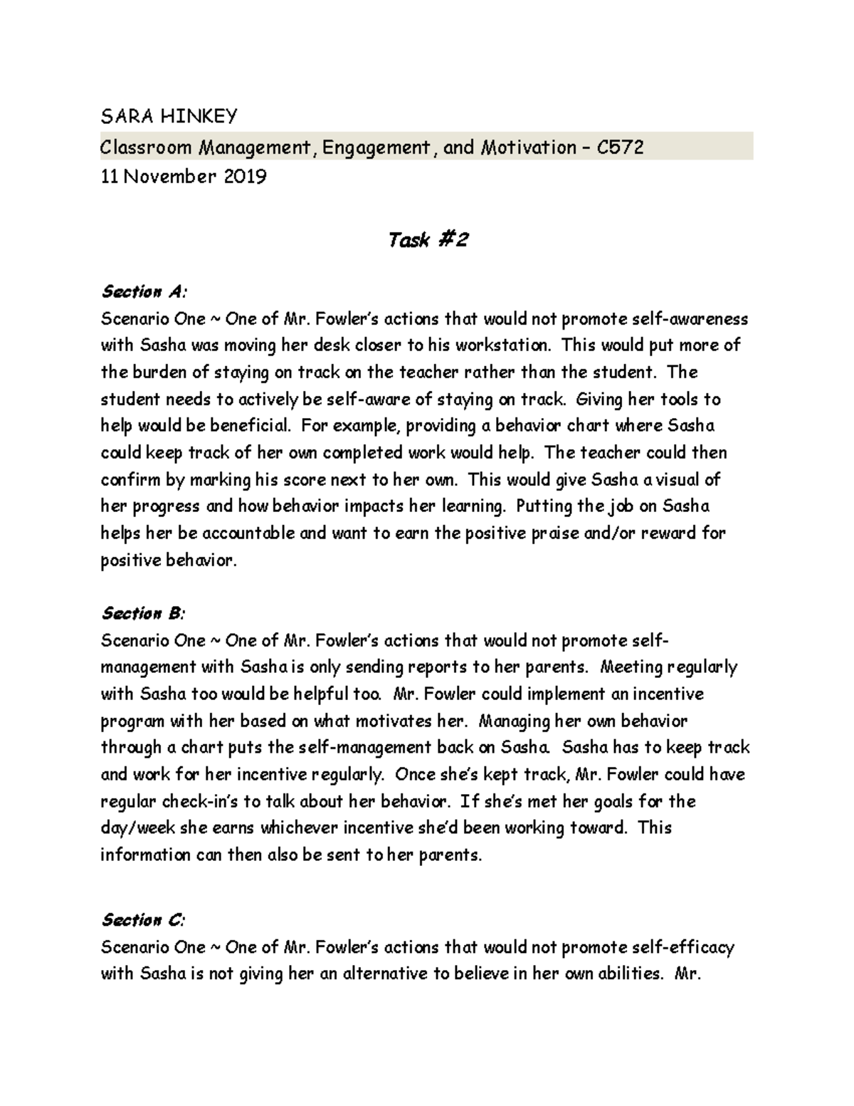 Task #2 Classroom Management, Engagement, and Motivation – C572 - SARA ...