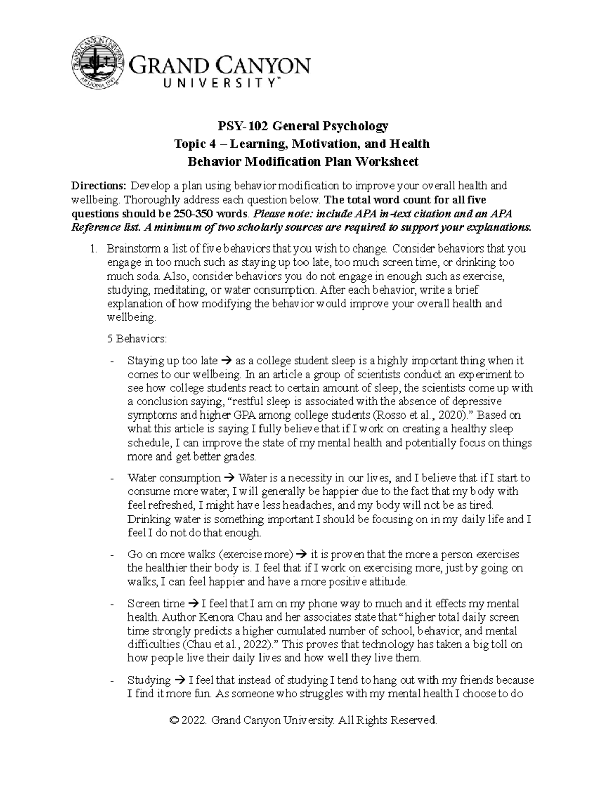 Behavior Modification Plan - PSY-102 General Psychology Topic 4 ...