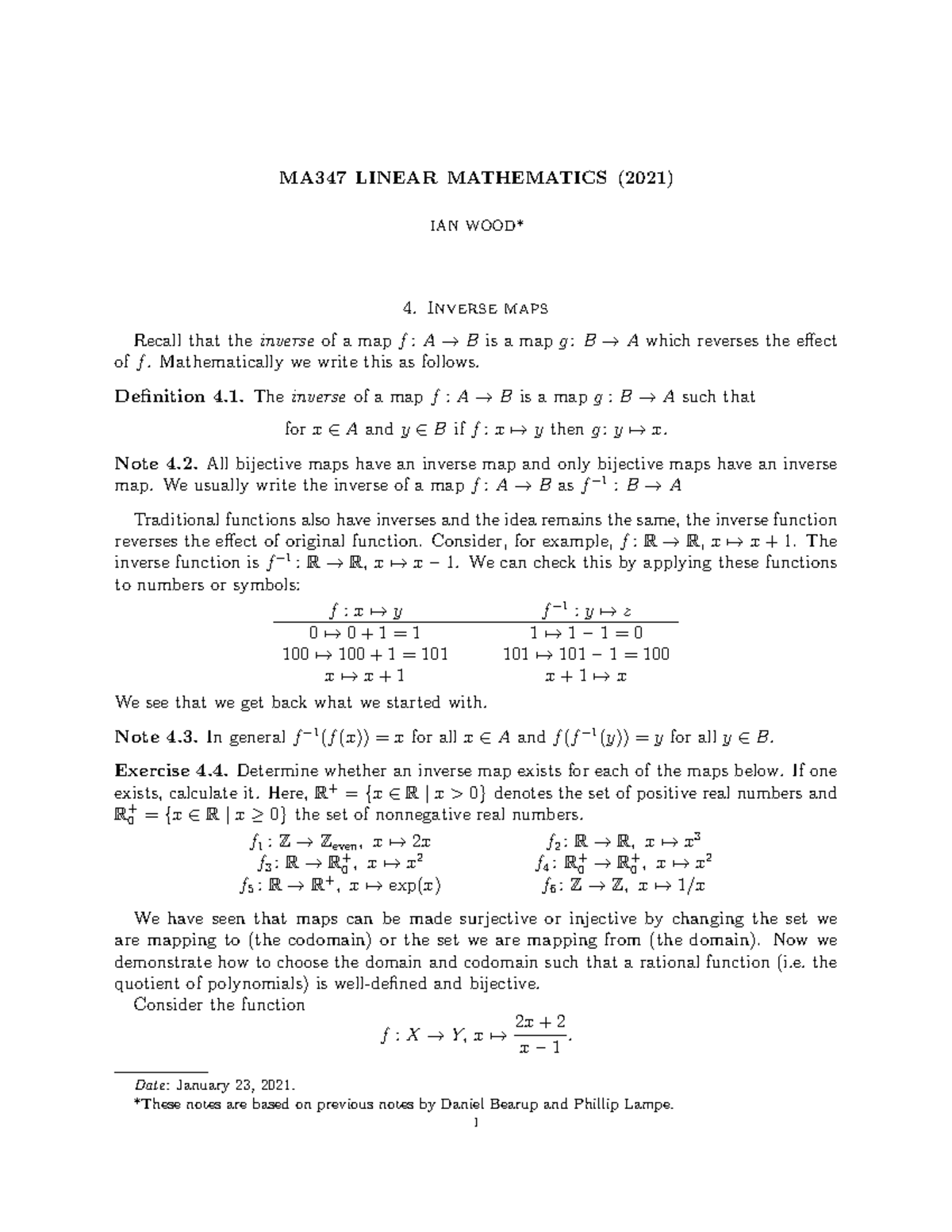 Week 14 - Inverse Maps - MA347 LINEAR MATHEMATICS (2021) IAN WOOD* Inverse maps Recall that the ...