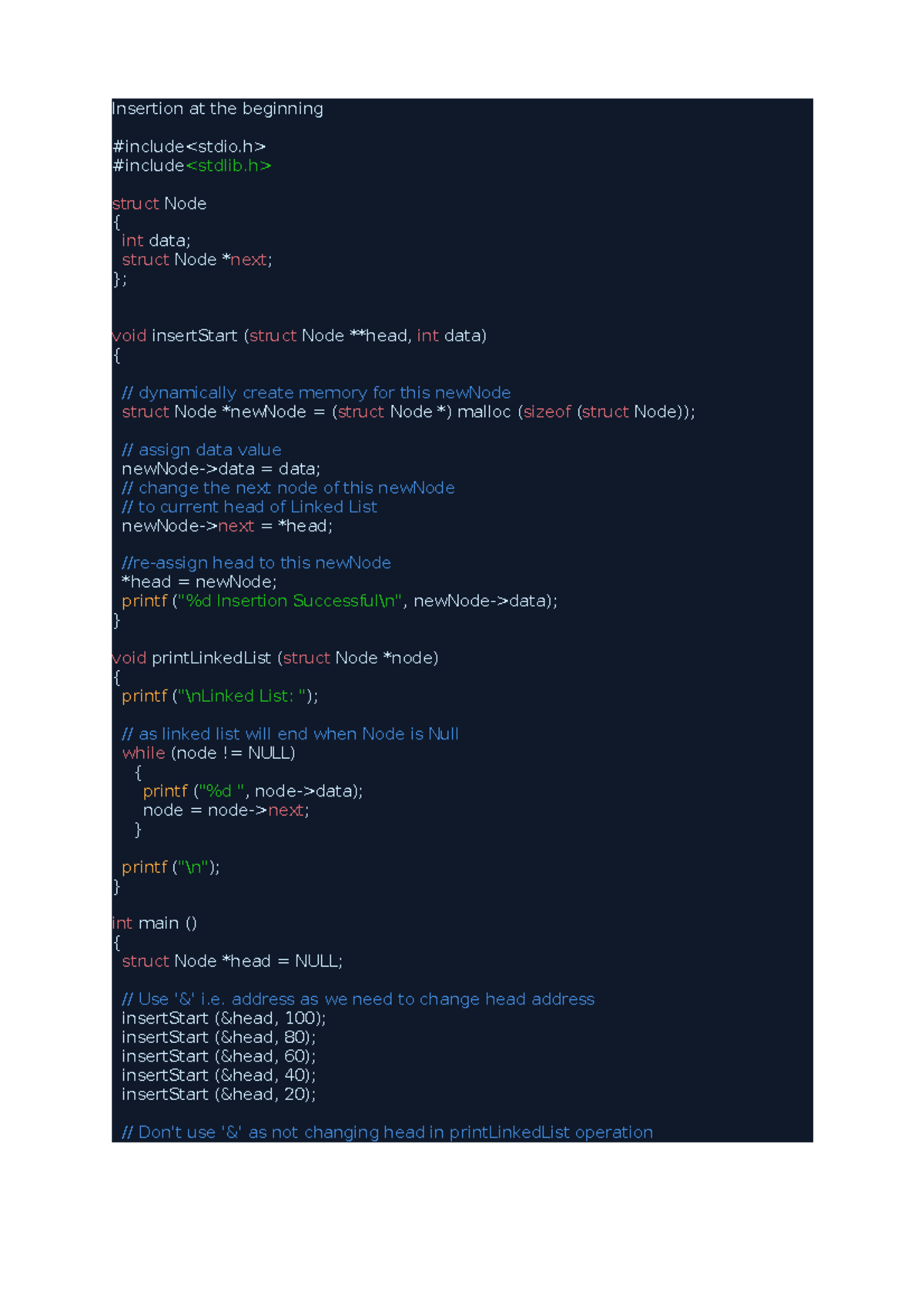 Ds link list 2 - Insertion at the beginning #include #include struct ...