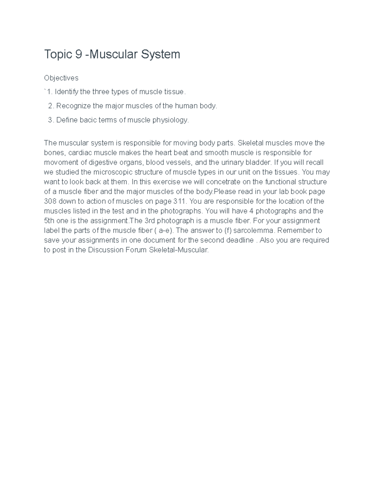 Human Bio Lab Muscular System - Topic 9 -Muscular System Objectives `1 ...