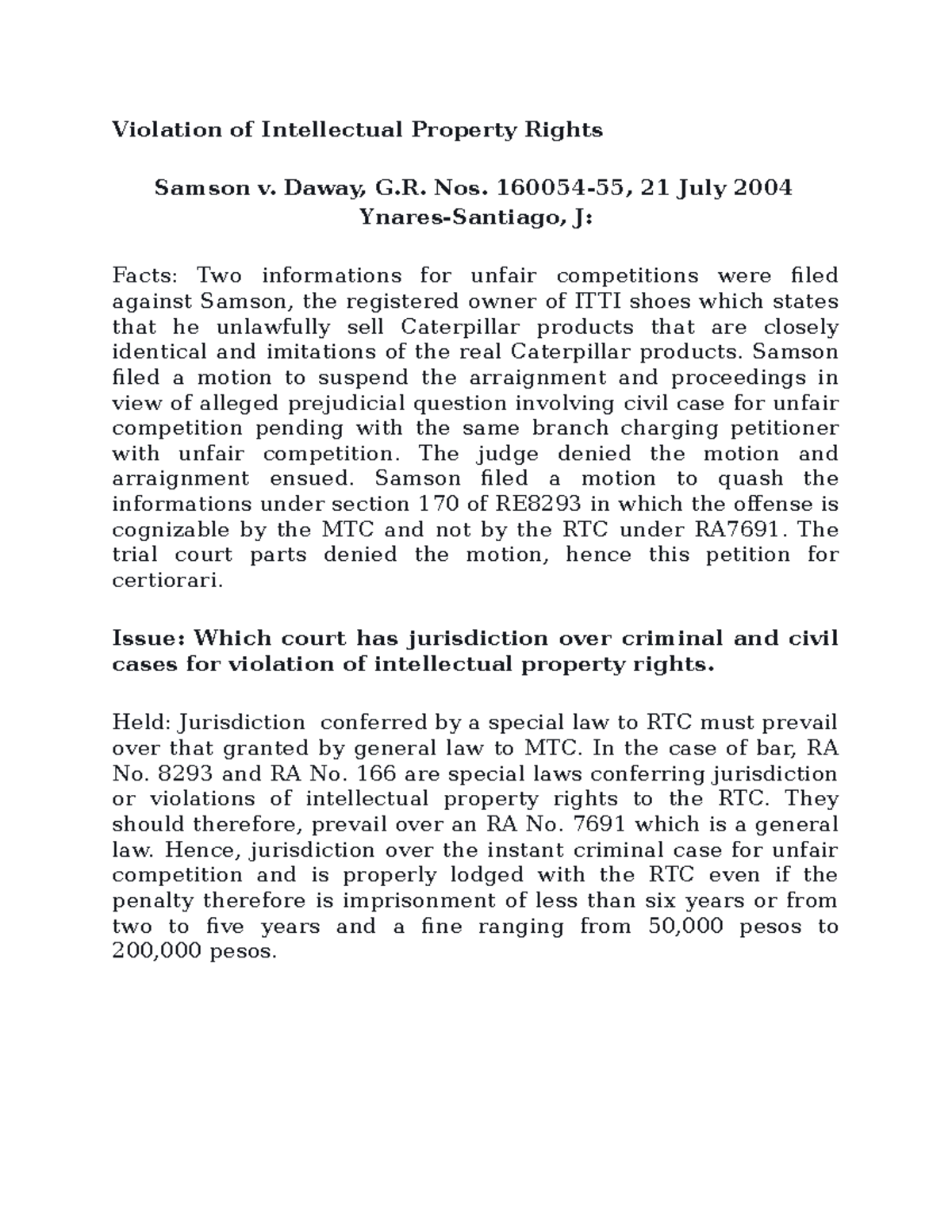 Samson v. Daway, G.R. Nos. 160054-55 - Violation of Intellectual ...