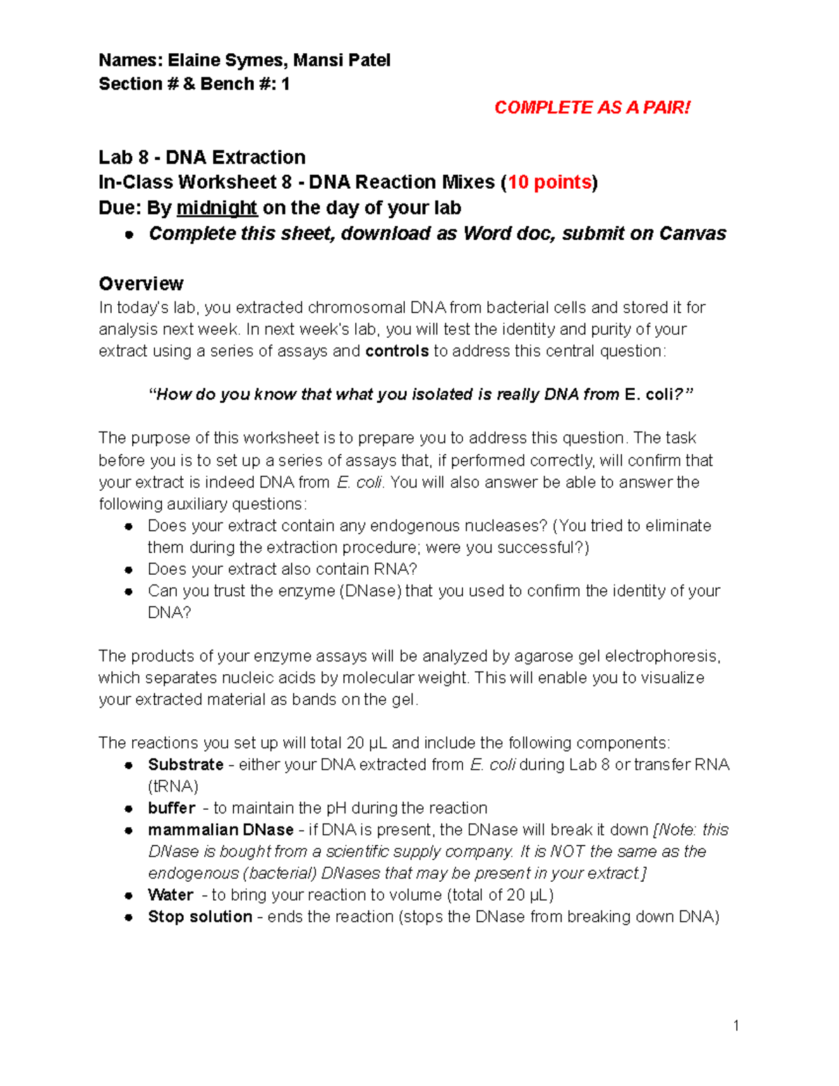 Copy of In-Class Worksheet 8 - DNA Reaction Mixes - Names: Elaine Symes ...