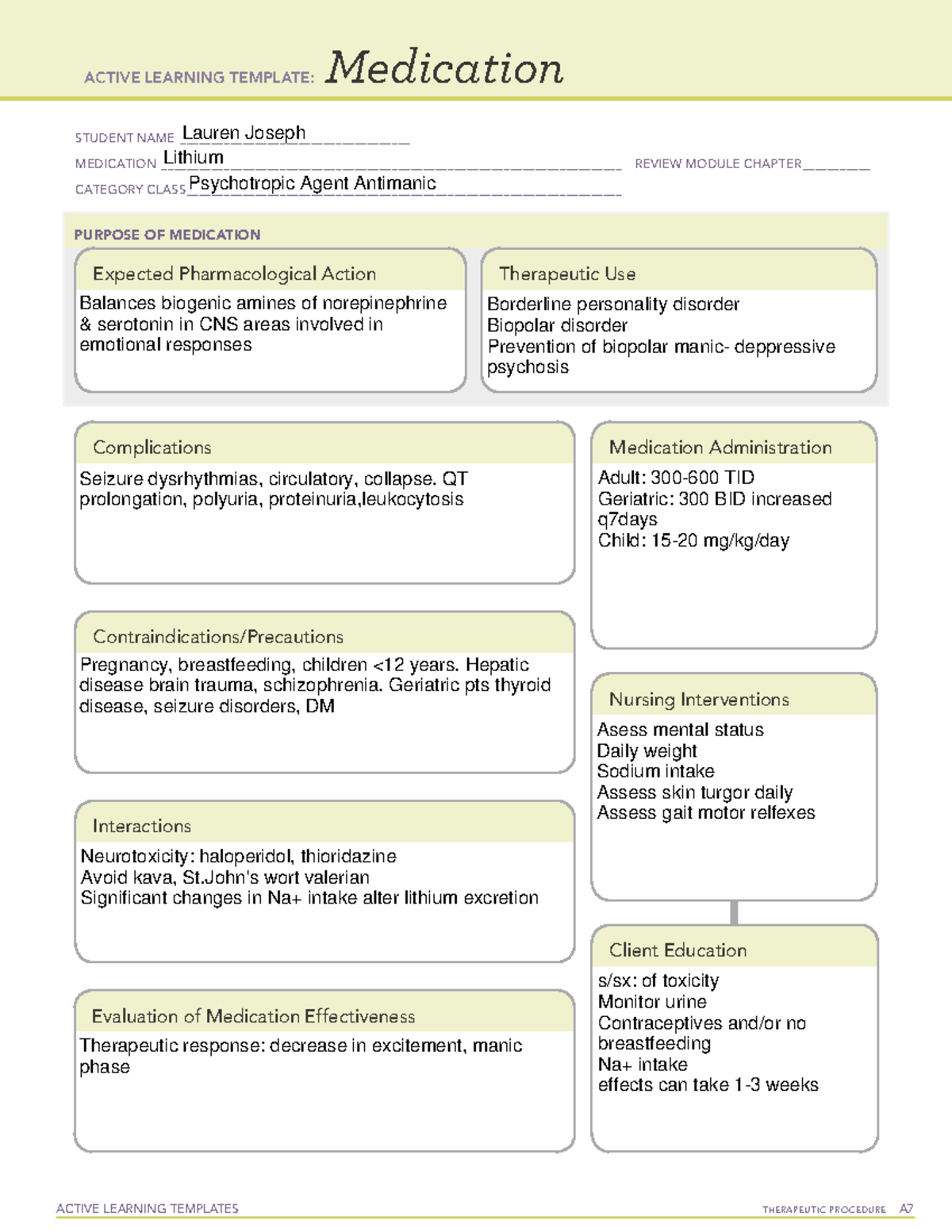 ATI- medication Lithium - ACTIVE LEARNING TEMPLATES TherapeuTic ...