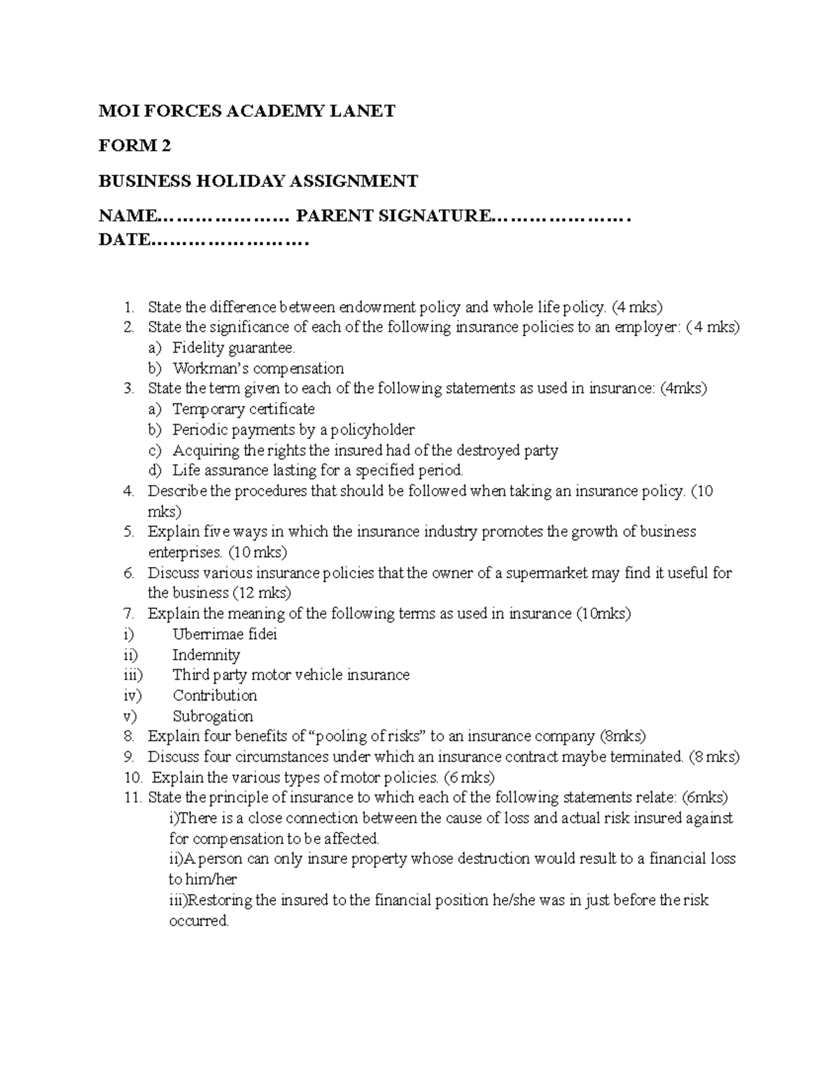 Assignment form2 - MOI FORCES ACADEMY LANET FORM 2 BUSINESS HOLIDAY ...
