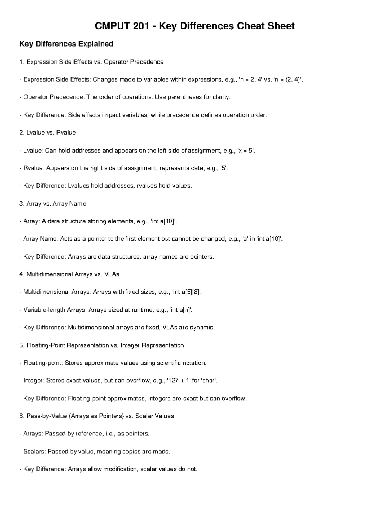 Cmput 201 Key Differences Cheat Sheet - CMPUT 201 - Key Differences Cheat Sheet Key Differences ...