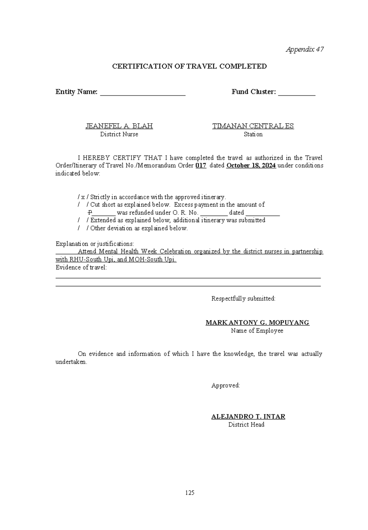 CTC-Travel Completed - Appendix 4 7 CERTIFICATION OF TRAVEL COMPLETED ...