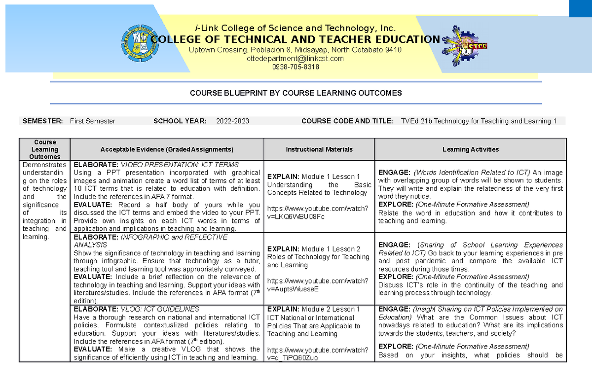 TTL1 Course-Blue-Print - COURSE BLUEPRINT BY COURSE LEARNING OUTCOMES ...