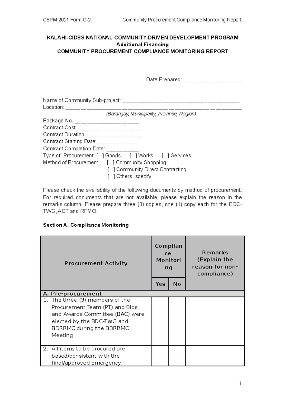 CBPM 2021 Form G-2 - Community Procurement Compliance Monitoring Report - KALAHI-CIDSS NATIONAL ...