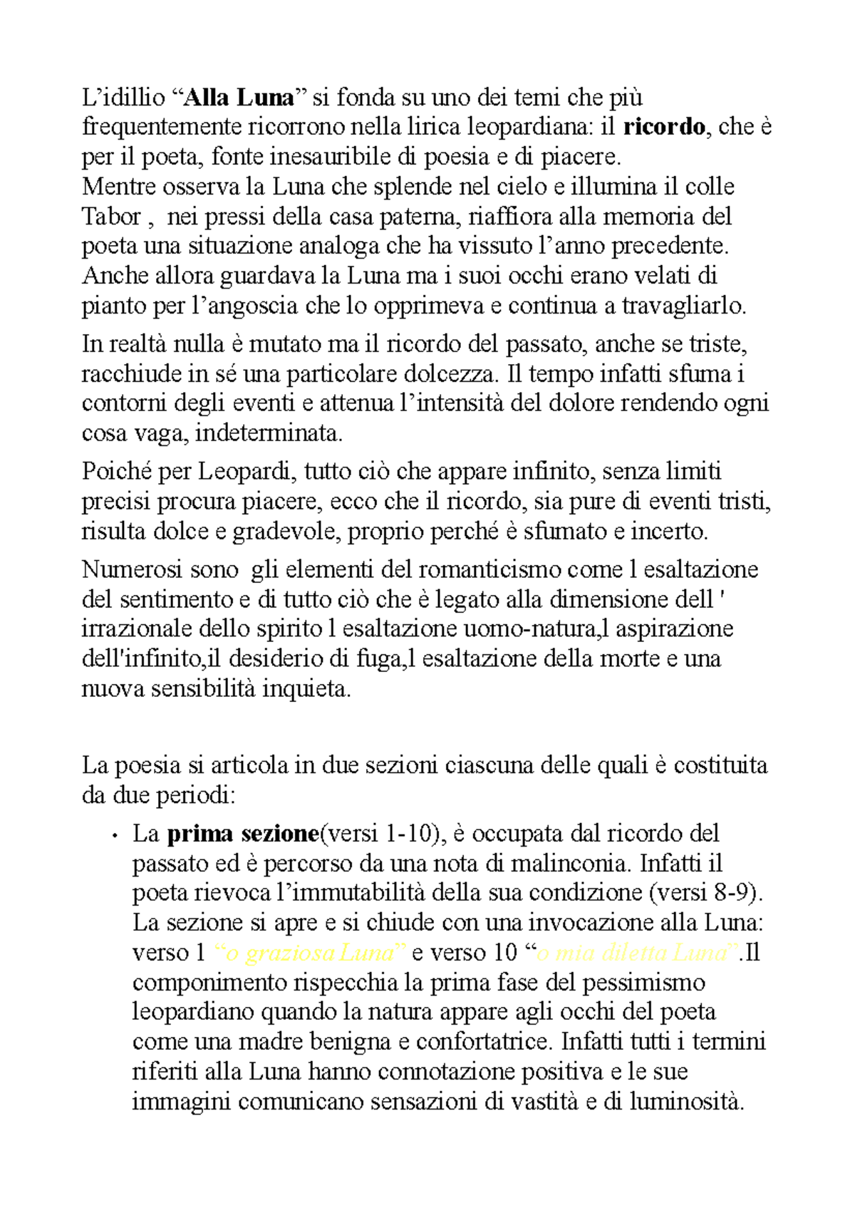 Alla luna di Leopardi - L’idillio “Alla Luna” si fonda su uno dei temi ...