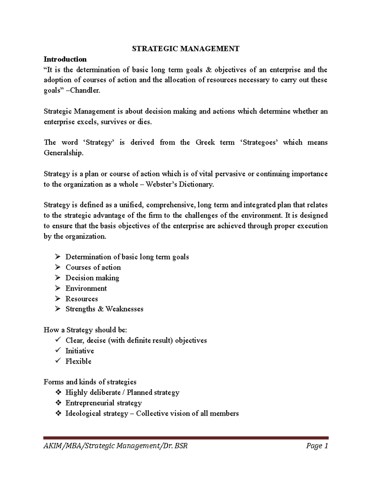 Strategic Management - Lecture notes 1 - STRATEGIC MANAGEMENT ...