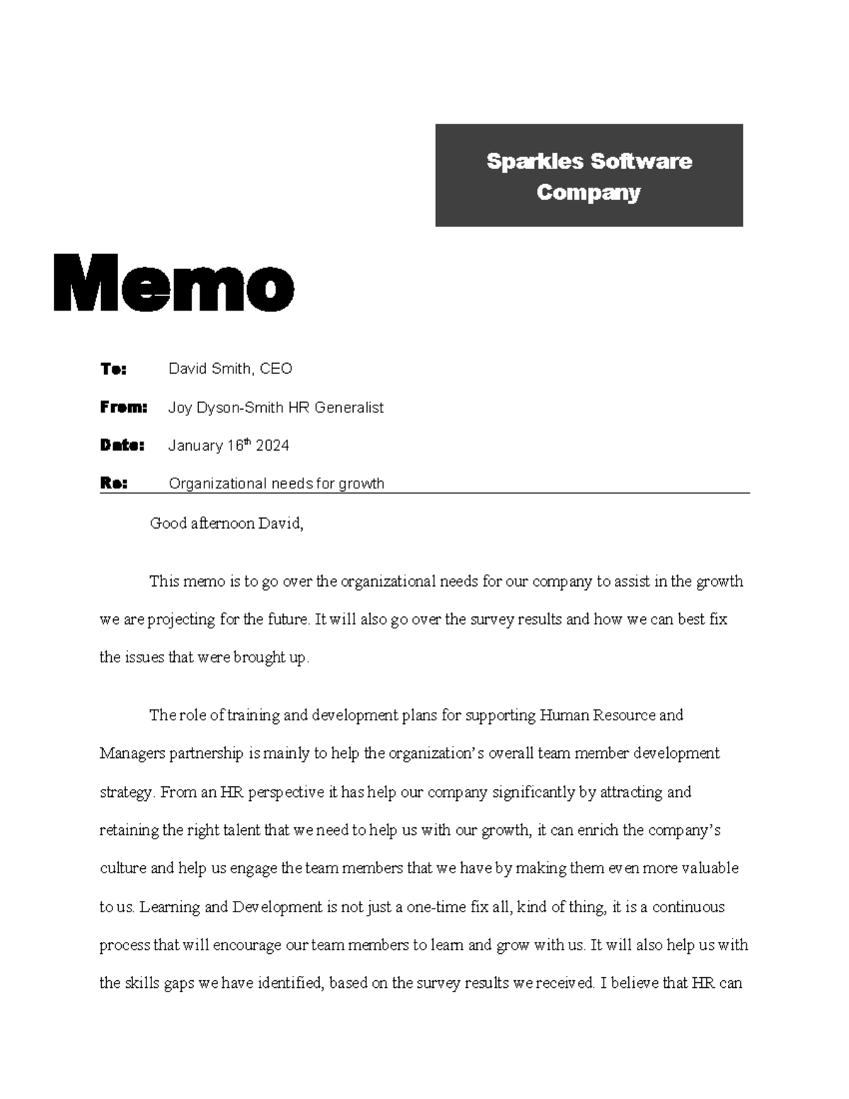 Milestone 1 Memo - Sparkles Software Company Memo To: David Smith, CEO ...