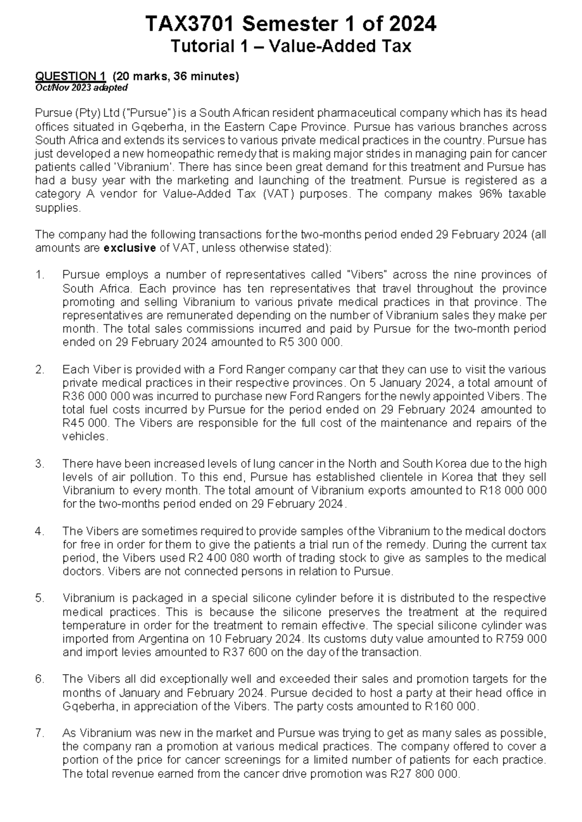 Tutorial 1 question Value-Added Tax - TAX3701 Semester 1 of 2024 ...