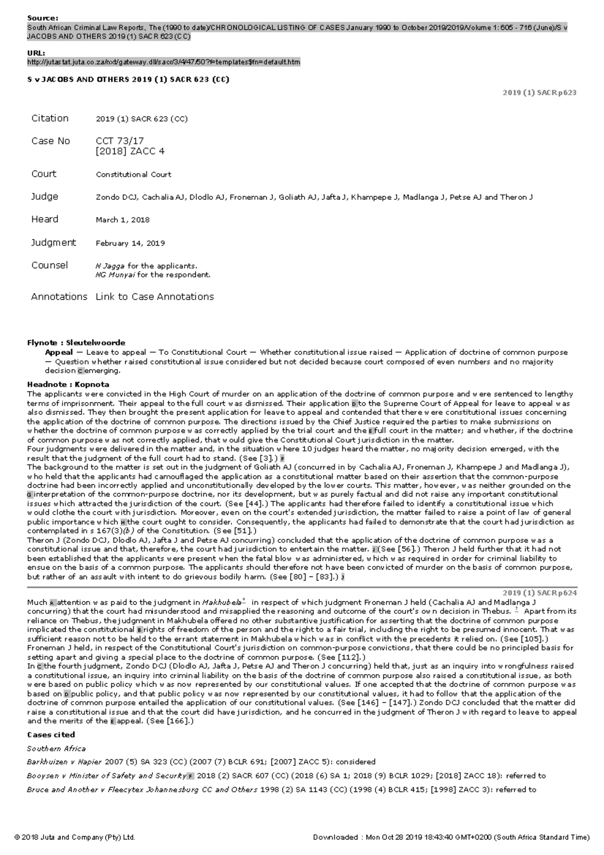 Doctrine of Common Purpose S v Jacobs 2019 1 SACR 623 CC(1) - - Studocu