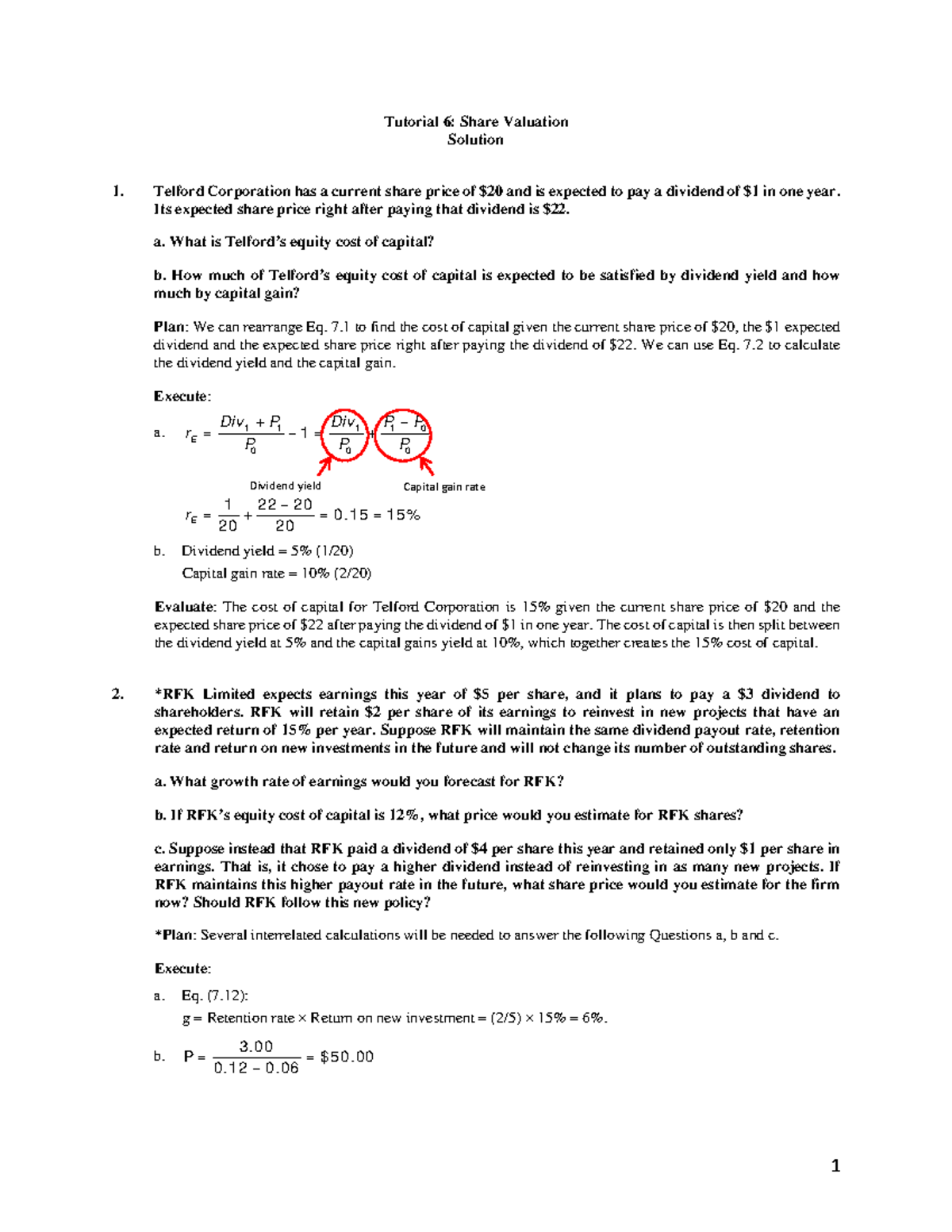 Week 6 tutorial questions with solutions - Tutorial 6: Share Valuation ...