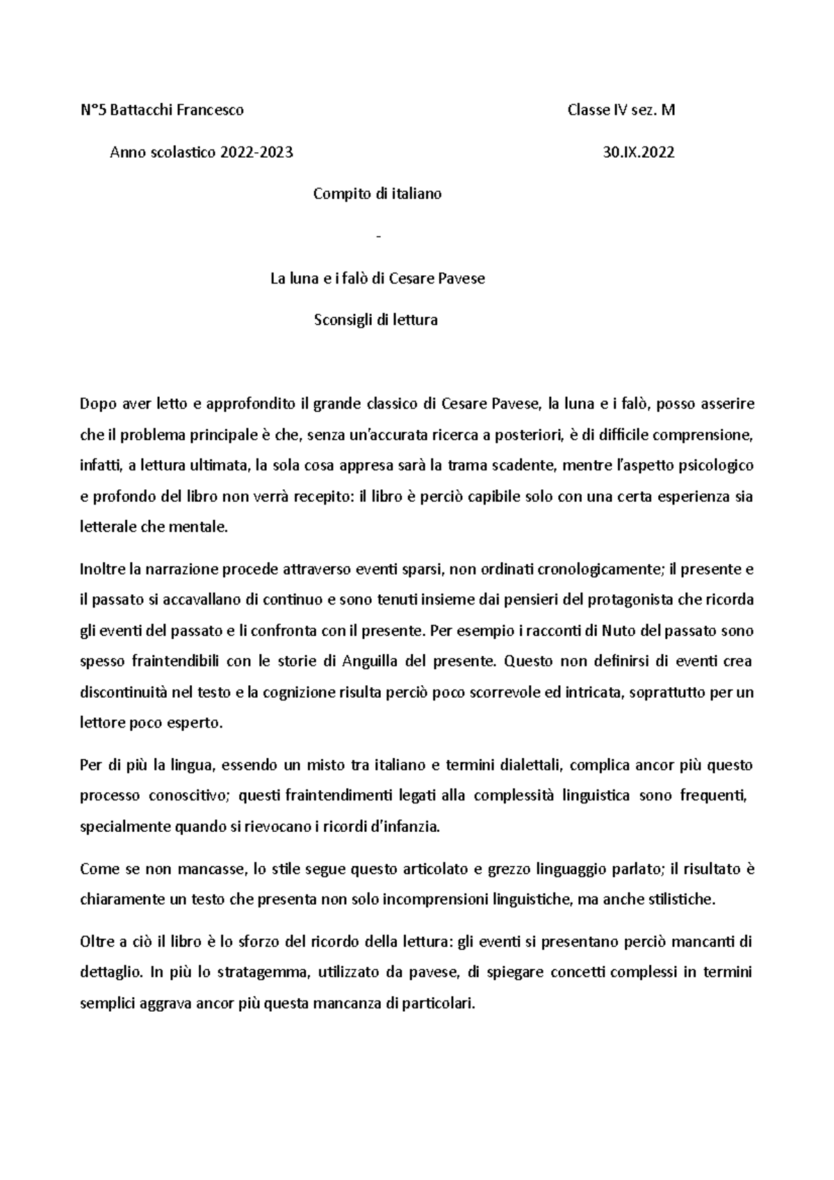 Compito di italiano, sconsigli di lettura luna e falo C.P francesco ...