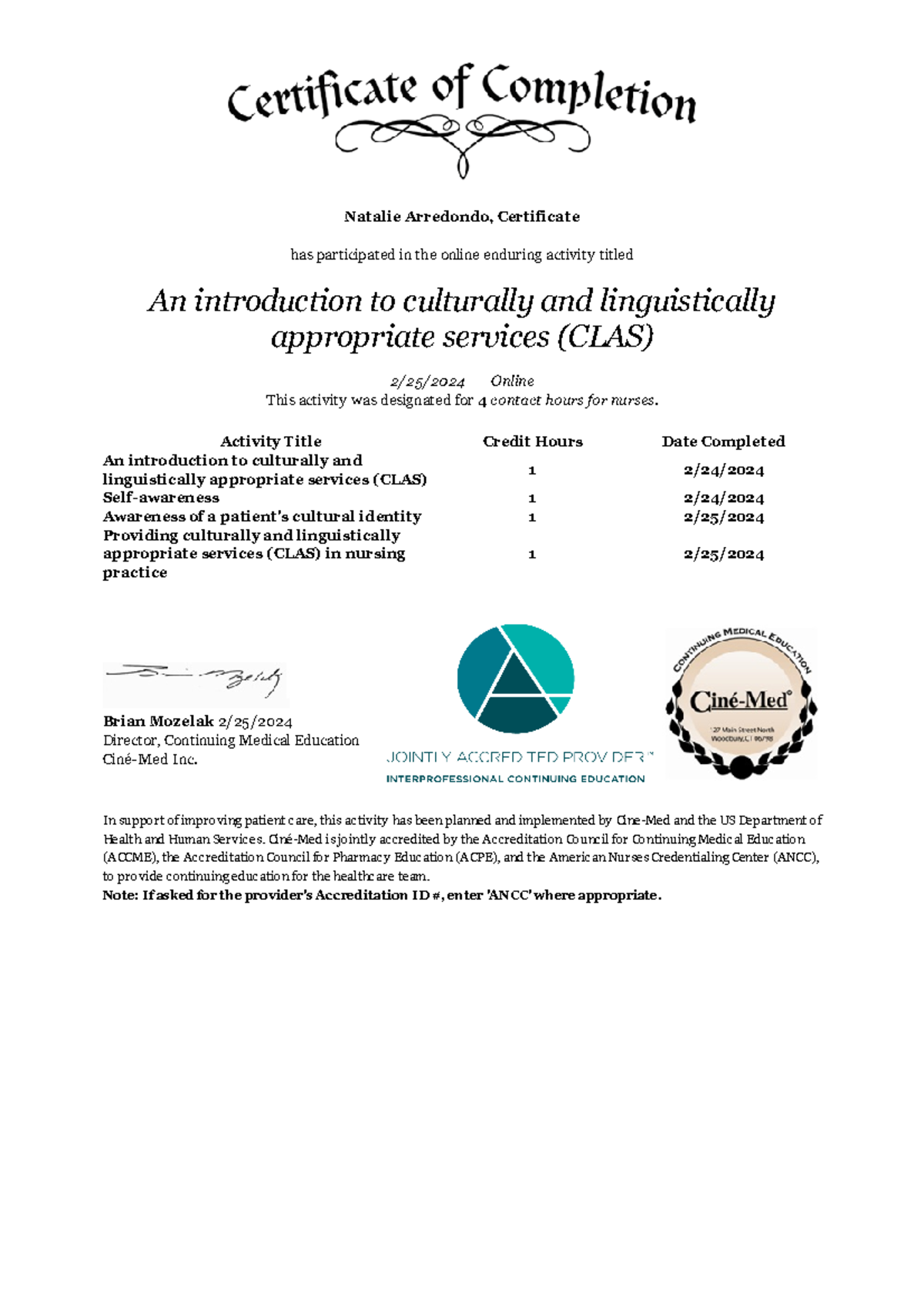 Culture compentency - Natalie Arredondo, Certificate has participated ...