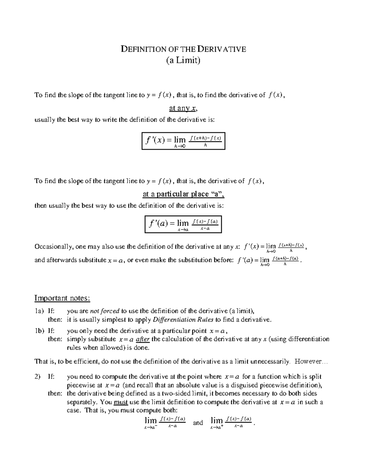 Definition of Derivative Nya F18 - DEFINITION OF THE DERIVATIVE (a ...
