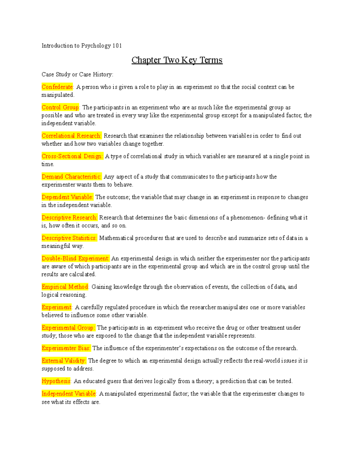 Psych Vocab Ch 2 - Introduction to Psychology 101 Chapter Two Key Terms ...