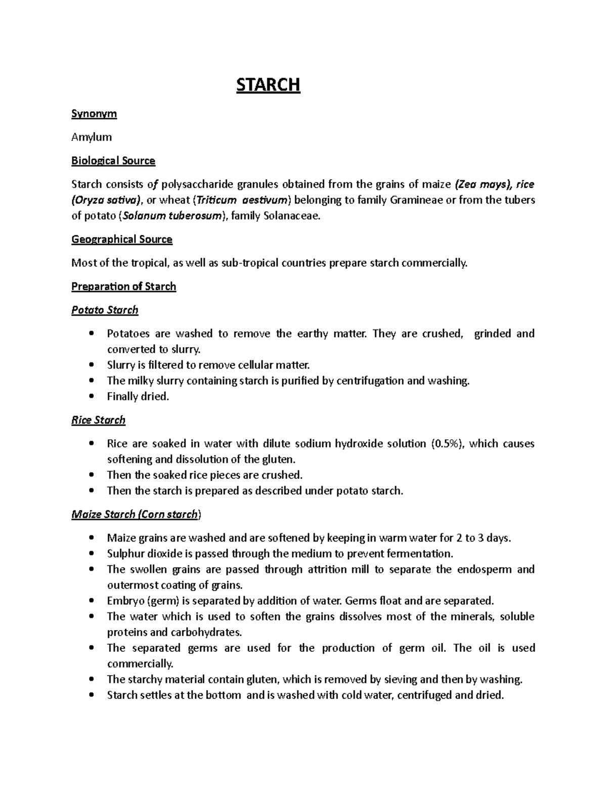 Starch - its lecture notes - STARCH Synonym Amylum Biological Source ...