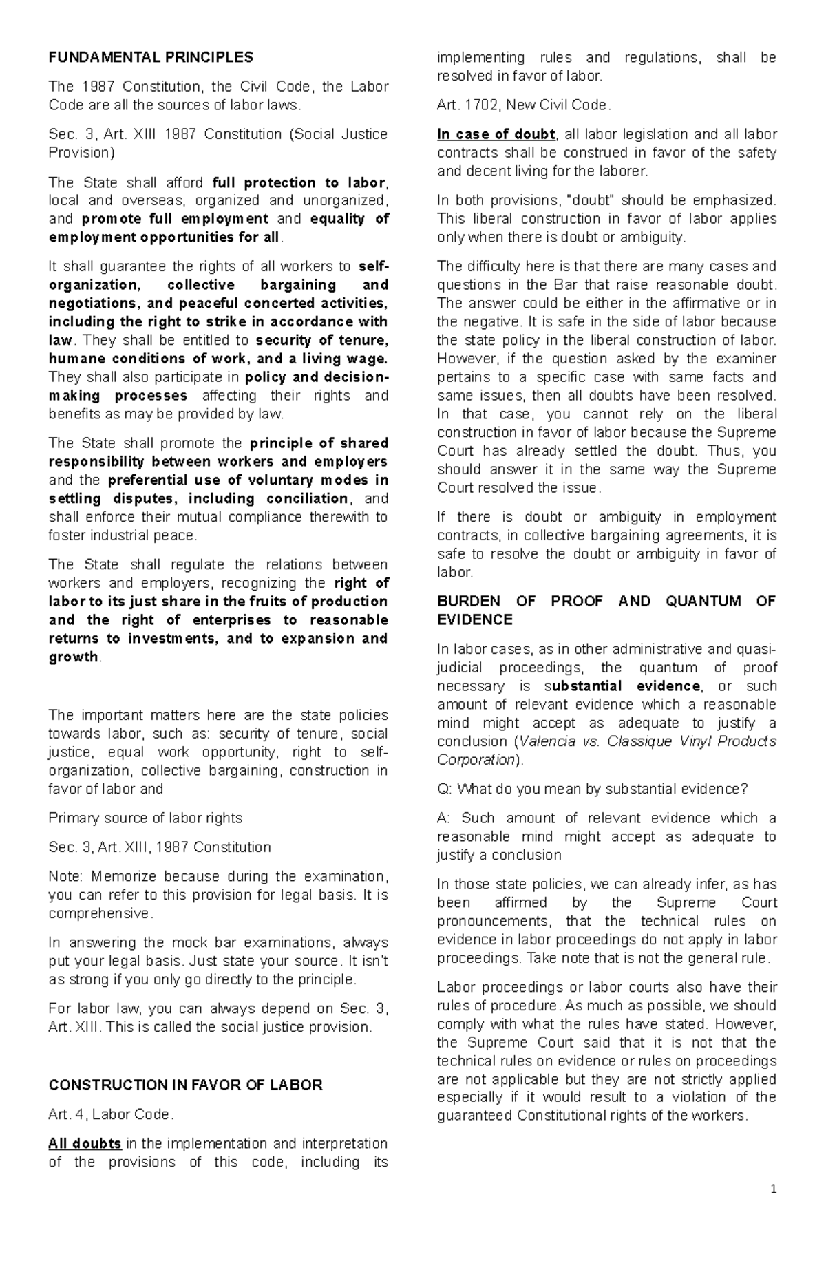Labor-LAW - Lecture notes f - FUNDAMENTAL PRINCIPLES The 1987 ...