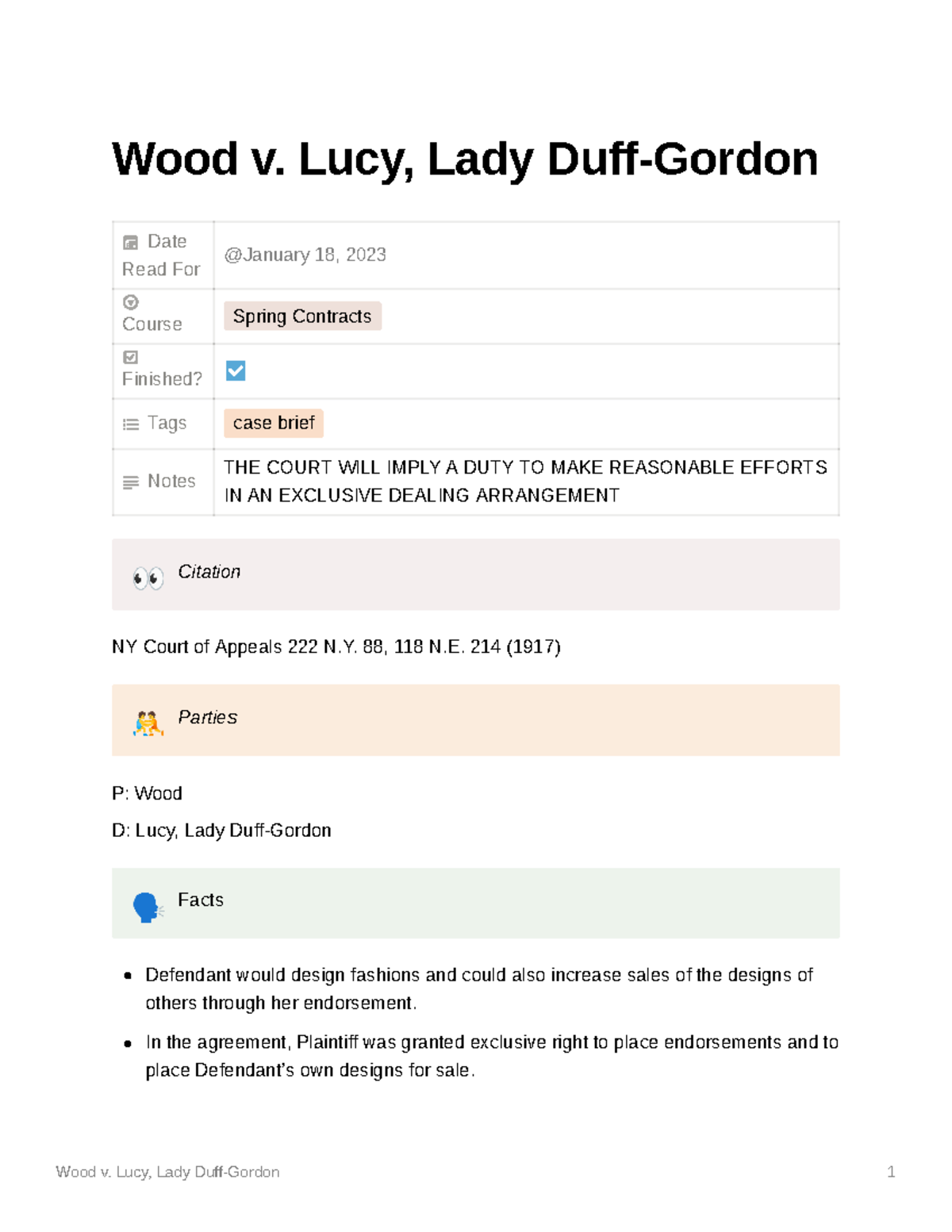 Wood v. Lucy, Lady Duff-Gordon - Wood v. Lucy, Lady Duff-Gordon Date Read For Course Spring ...