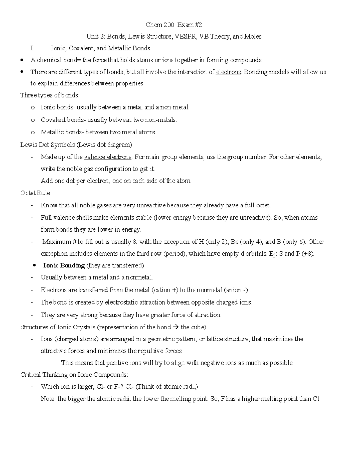 Chem 200- Test Review #2 - Chem 200: Exam #2 Unit 2: Bonds, Lewis ...
