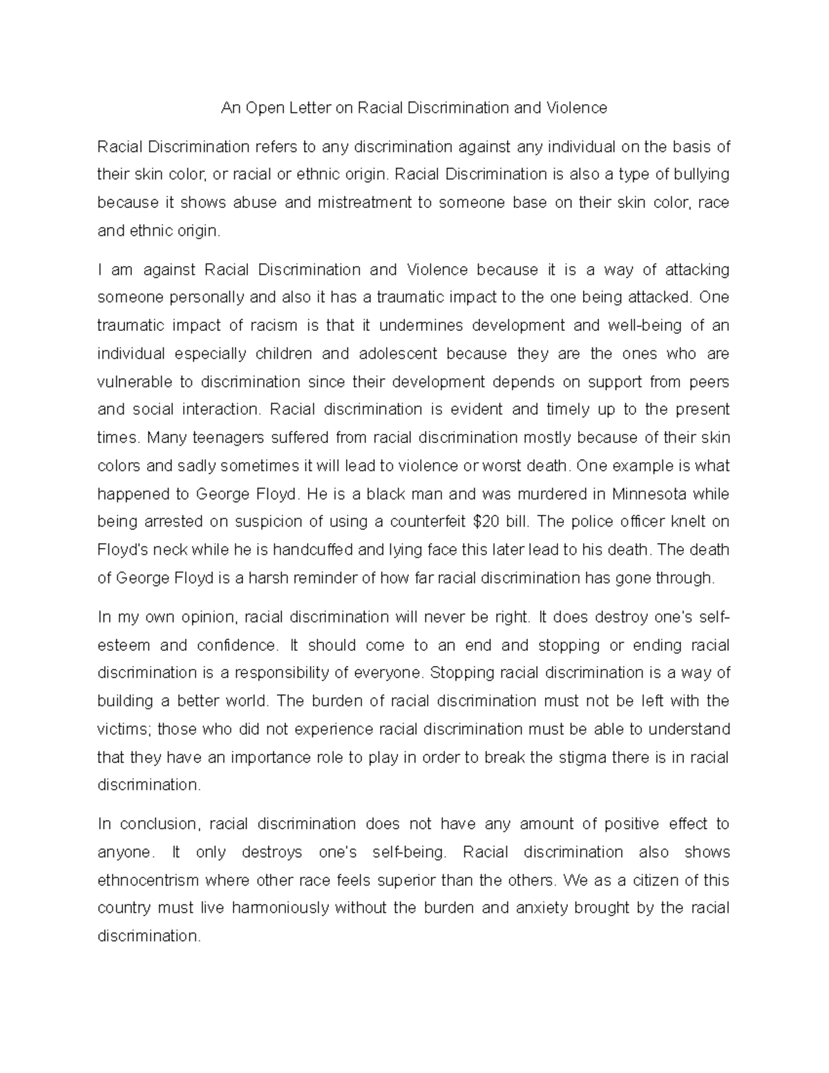 Open Letter - Grade: 100 - An Open Letter on Racial Discrimination and ...