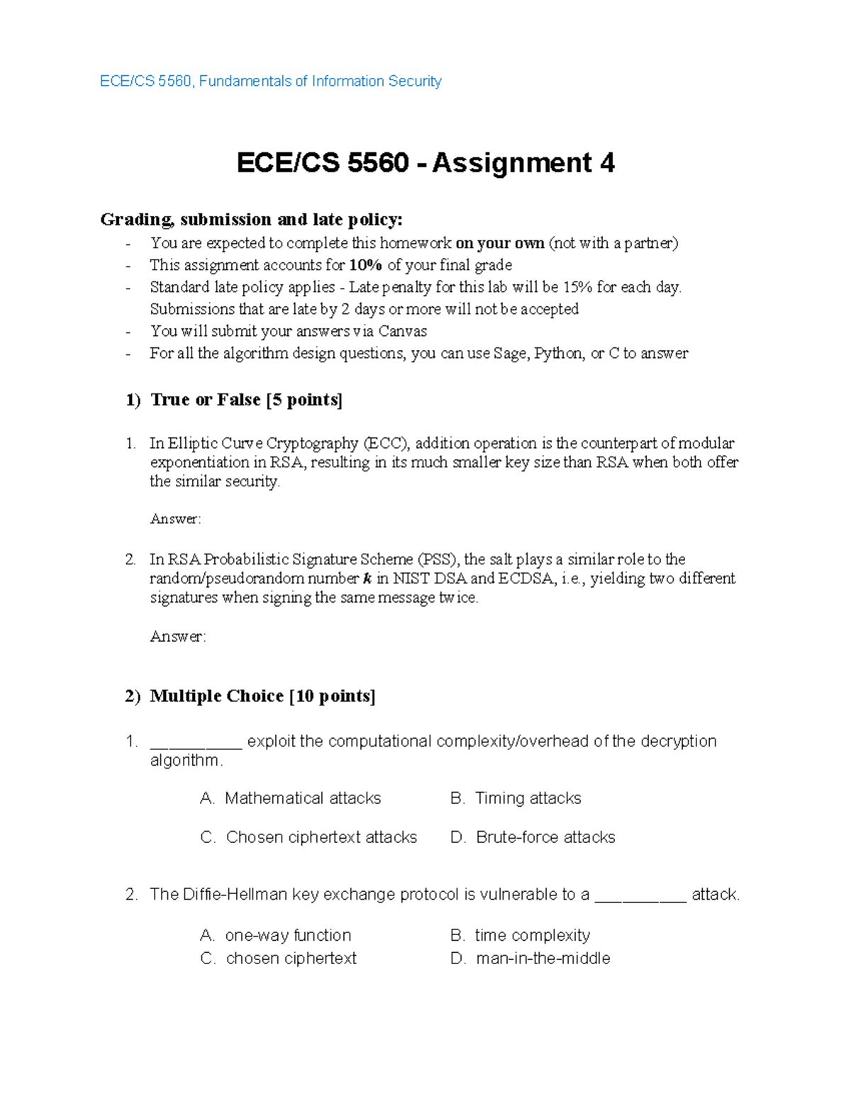 ECE CS 5560 Assignment 4 - ECE/CS 5560, Fundamentals of Information Security ECE/CS 5560 - - Studocu