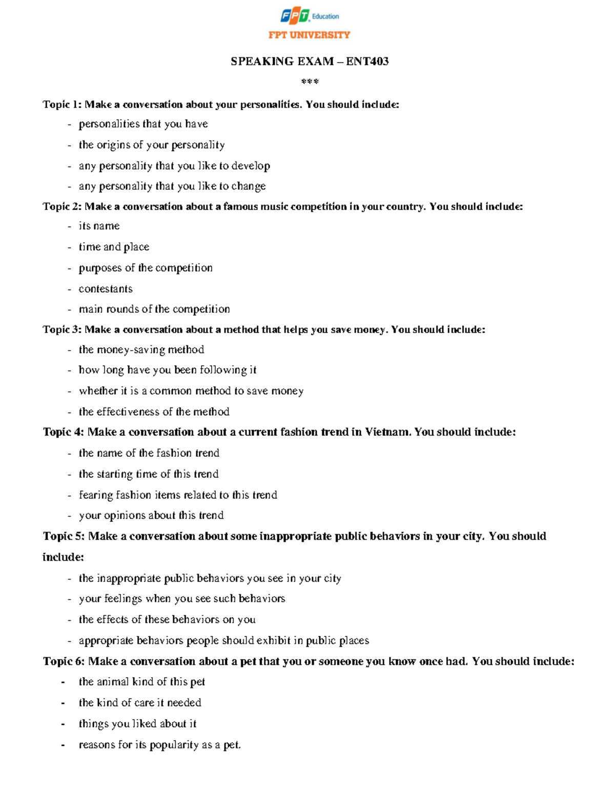 ENT403 SP24 H2 FE Speaking Topics SV - SPEAKING EXAM – ENT 403 ...