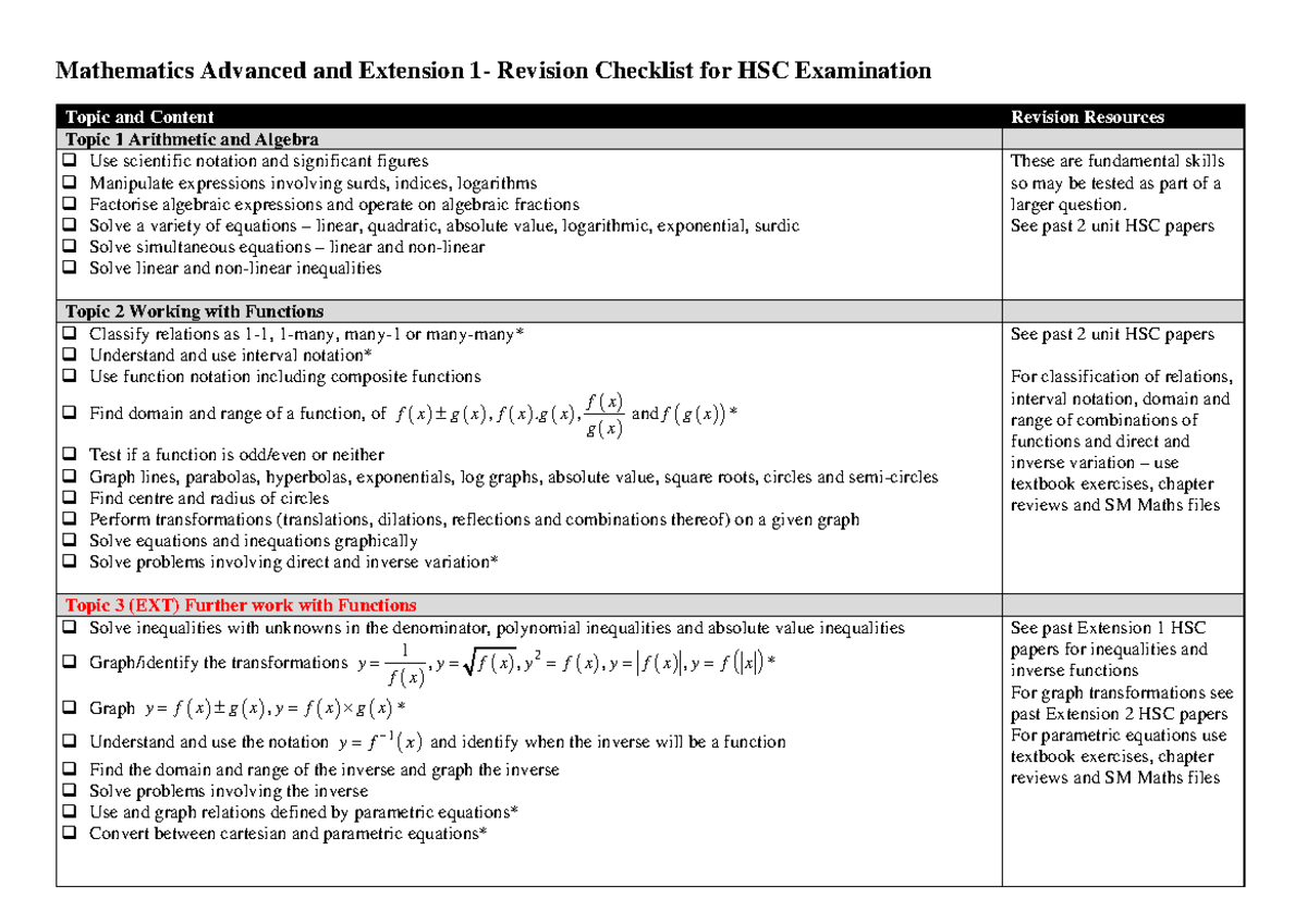 Revision checklist for Year 12 HSC ADV and EXT1 - Mathematics Advanced ...