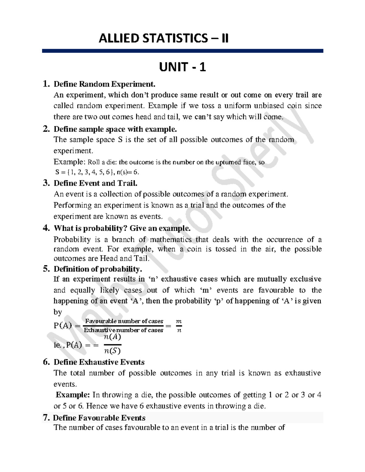 Statistics II organized - ALLIED STATISTICS – II 1. Define Random ...