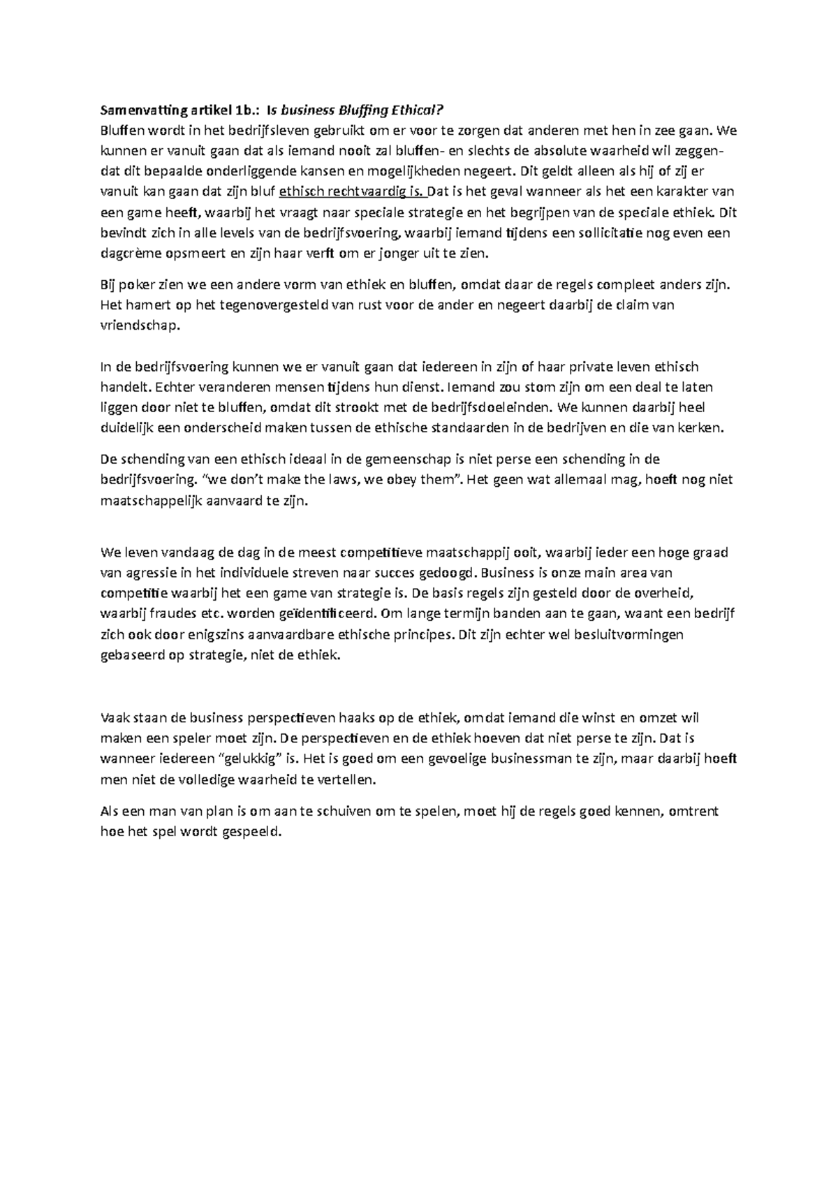Samenvatting artikel 1b; Is business bluffing Ethical - Samenvatting ...