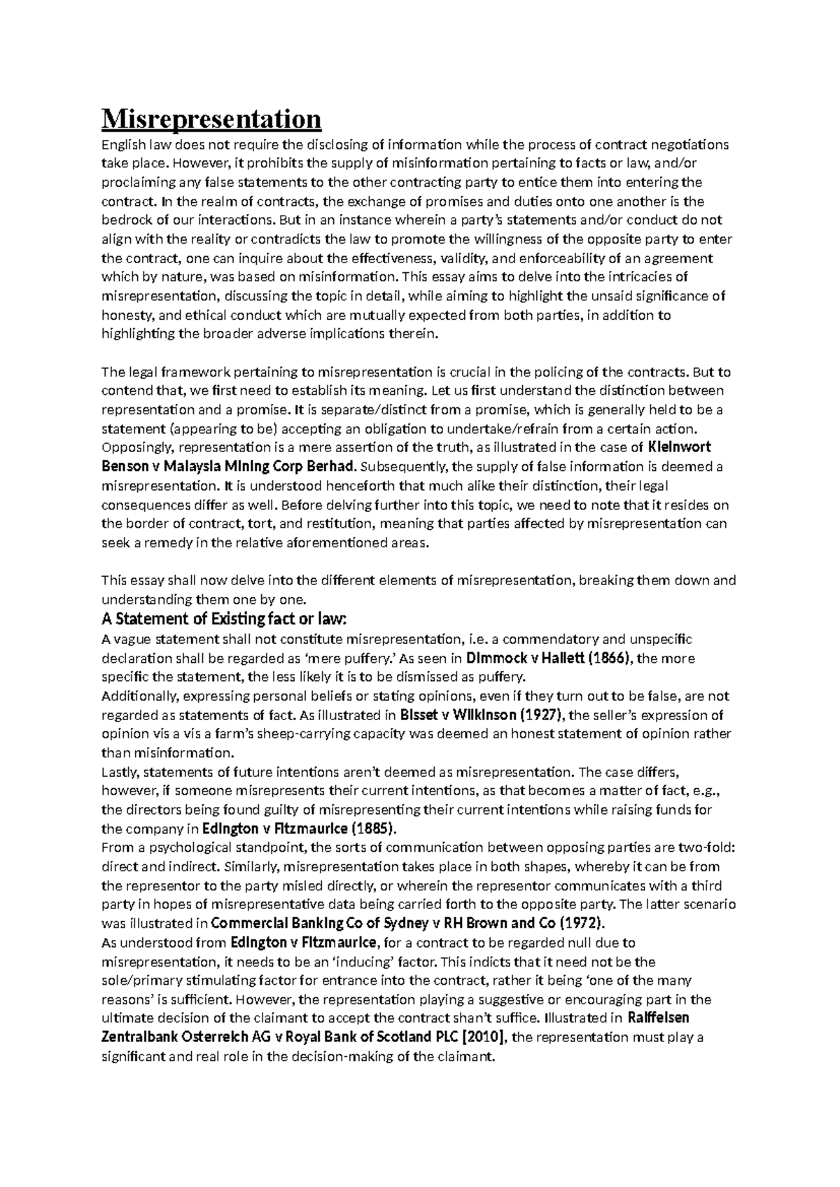 Misrepresentation - Misrepresentation English law does not require the ...