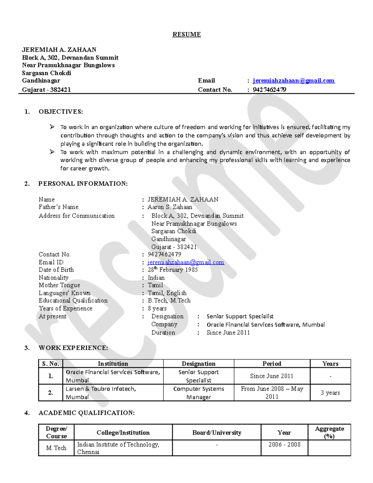 Resume Ict Resume Jeremiah A Zahaan Block A 302 Devnandan Summit