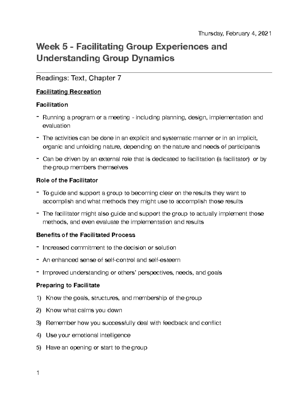 Week 5 - Facilitating Group Experiences and Understanding Group ...