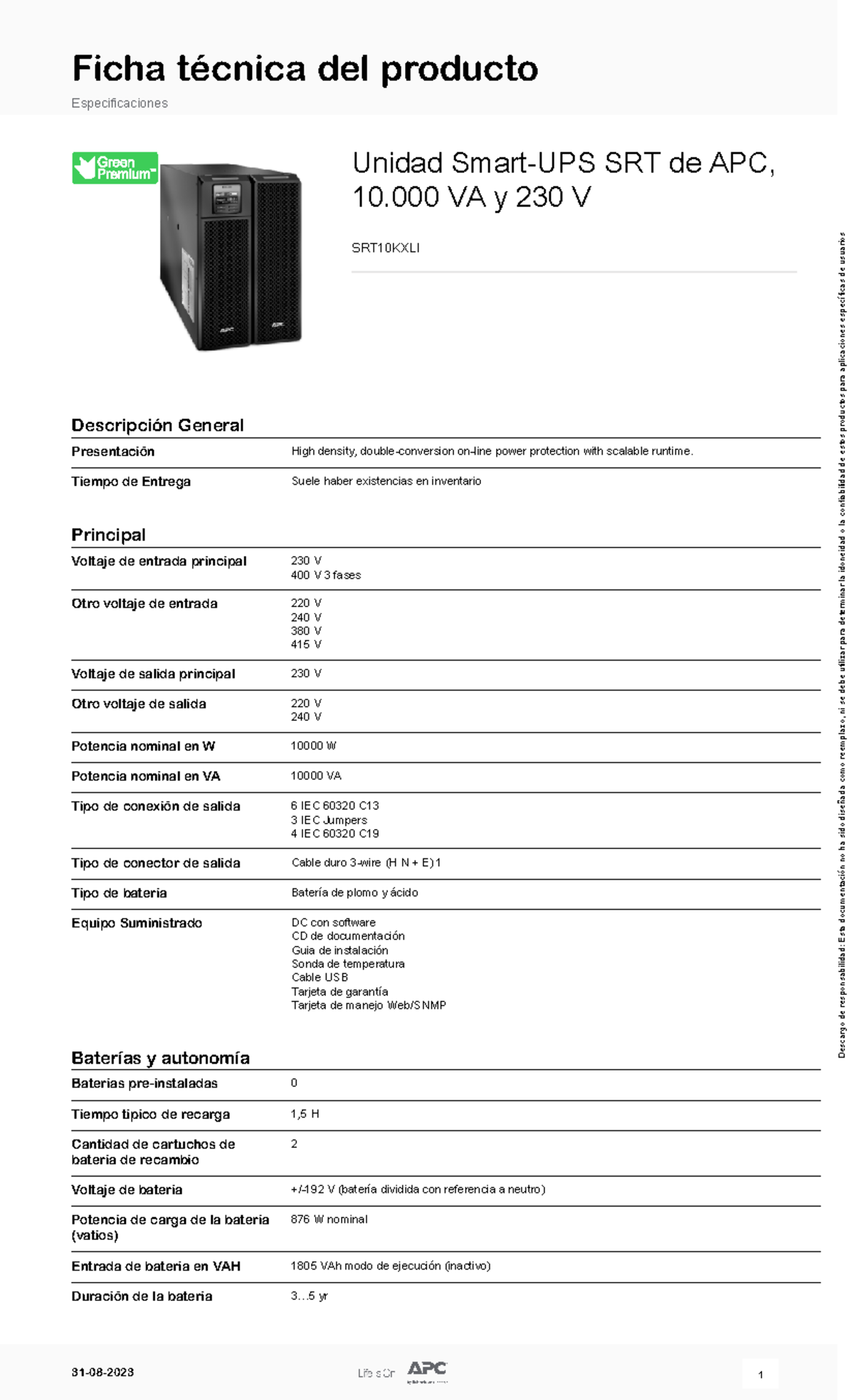 Smart-UPS en línea SRT10KXLI - Ficha técnica del producto Especificaciones Unidad Smart-UPS SRT ...