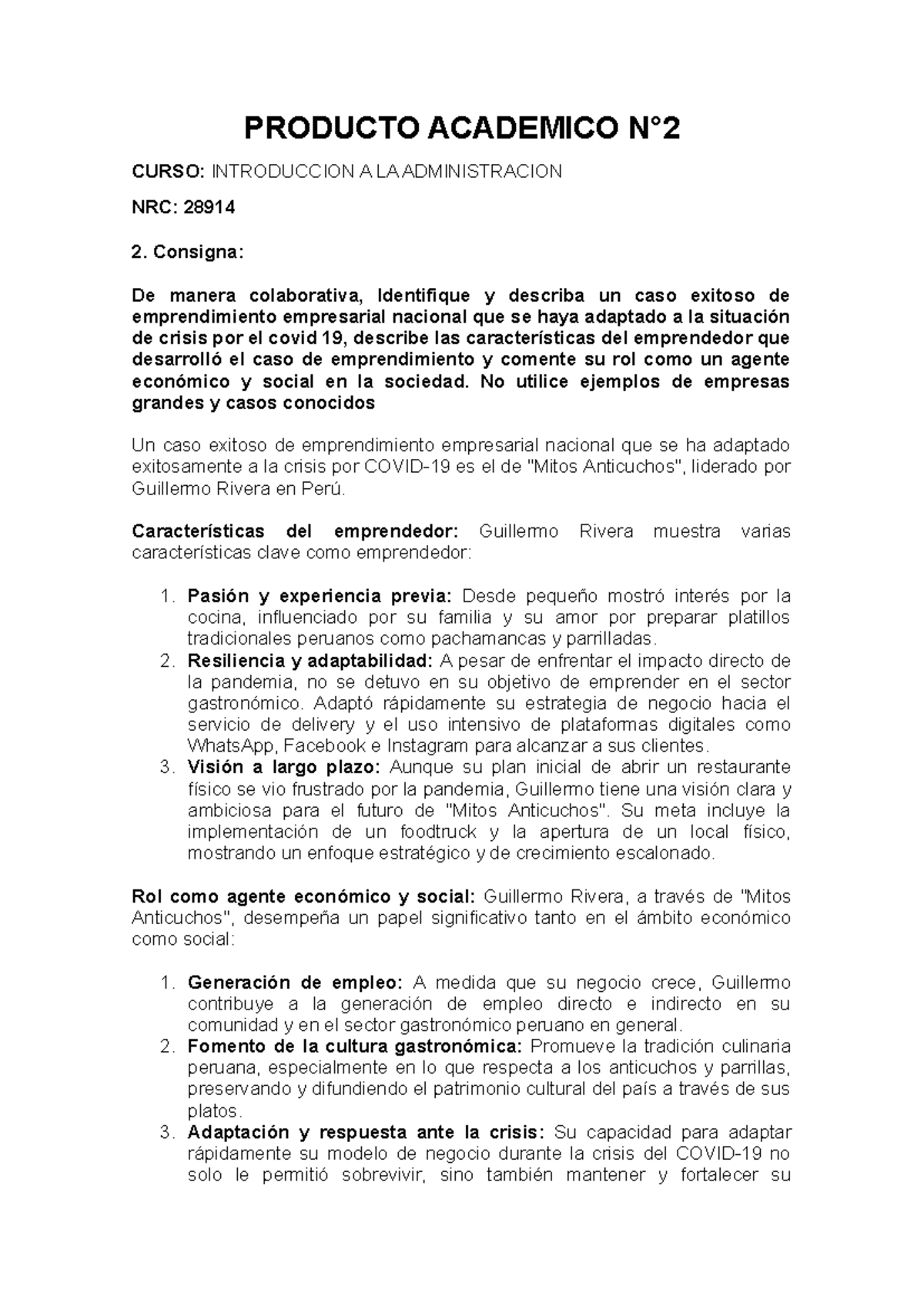 Producto Academico N° 2 Introduccion A LA Administracion - PRODUCTO ACADEMICO N° CURSO ...