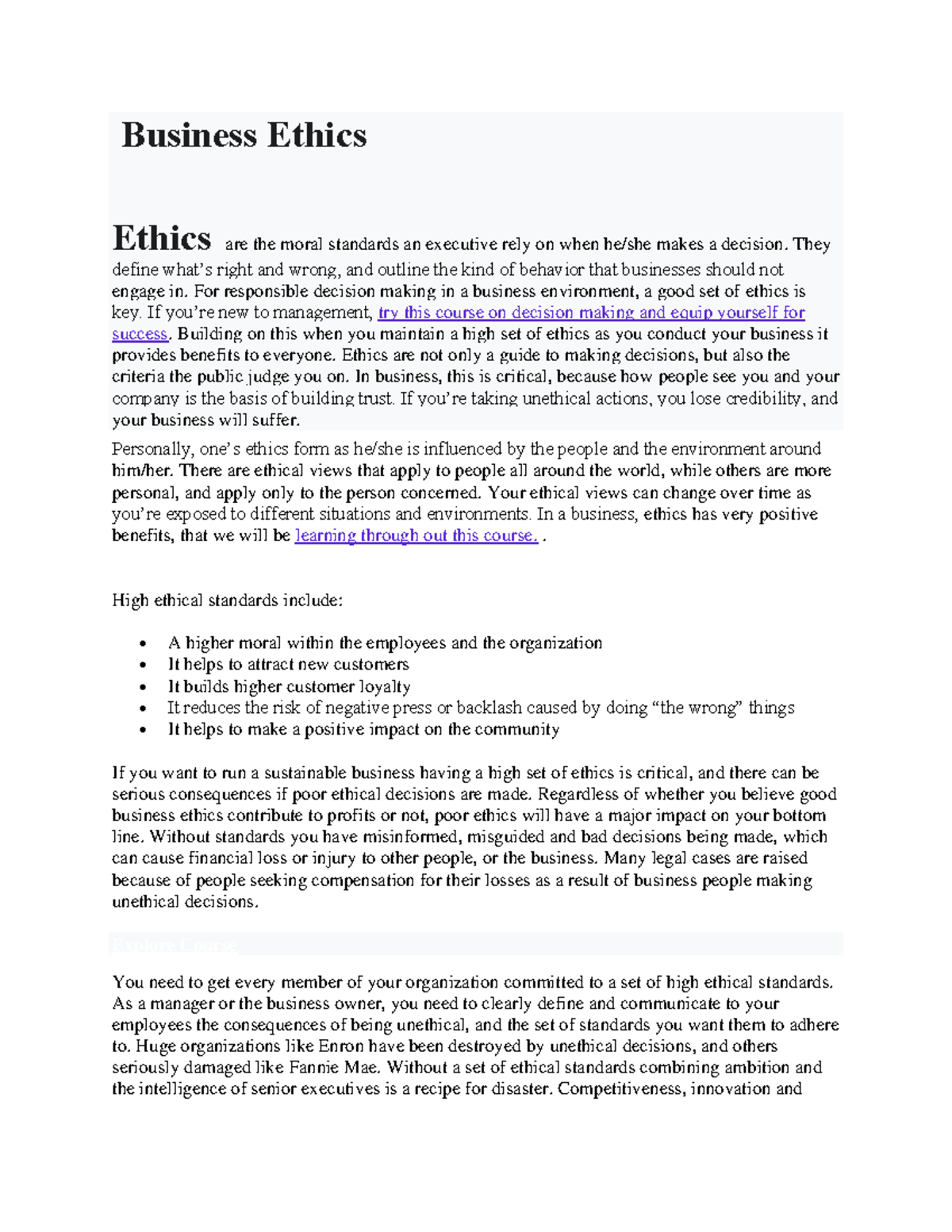 Defination and example of ethics - Business Ethics Ethics are the moral ...