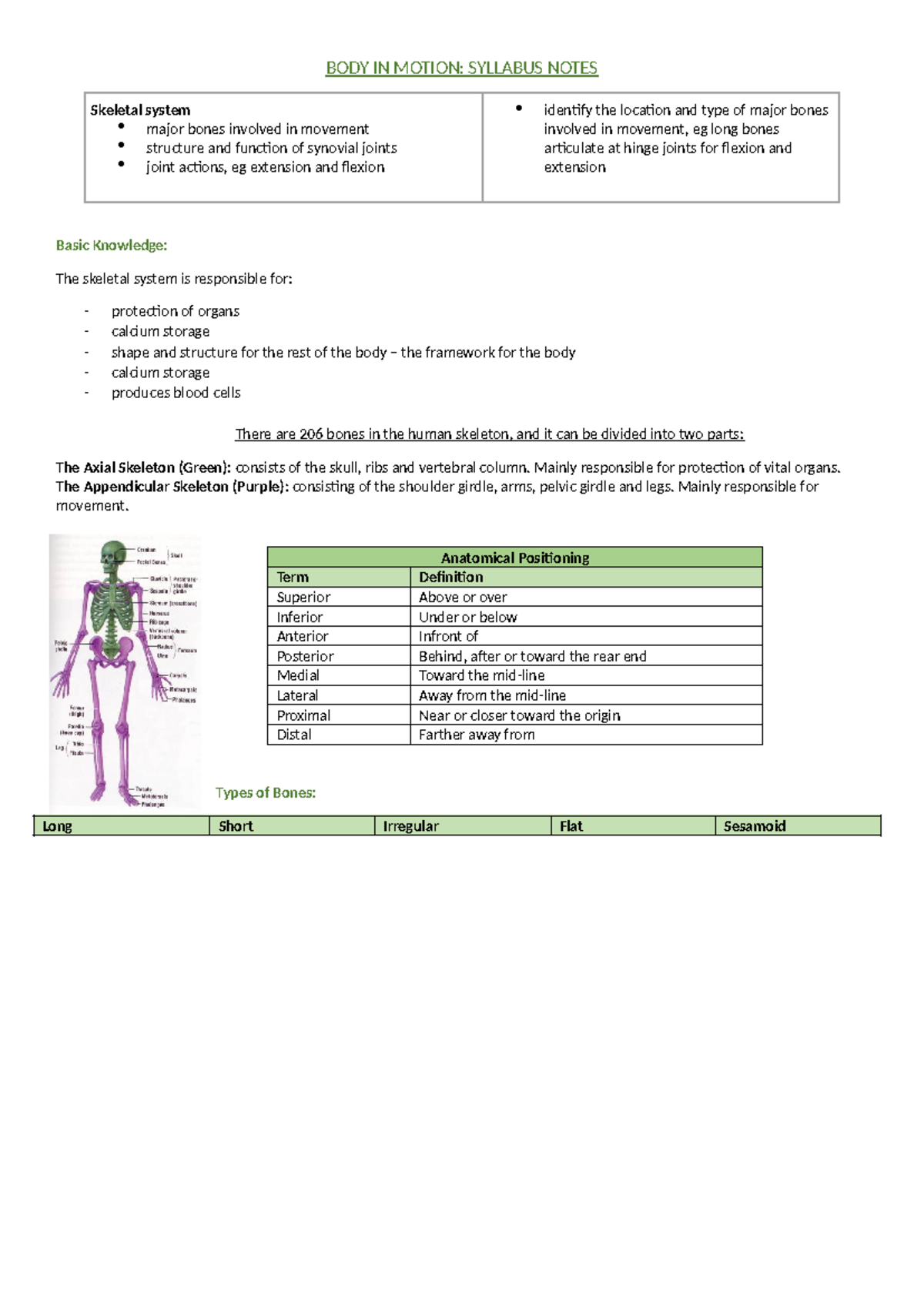 Body In Motion Notes - BODY IN MOTION: SYLLABUS NOTES Skeletal system ...